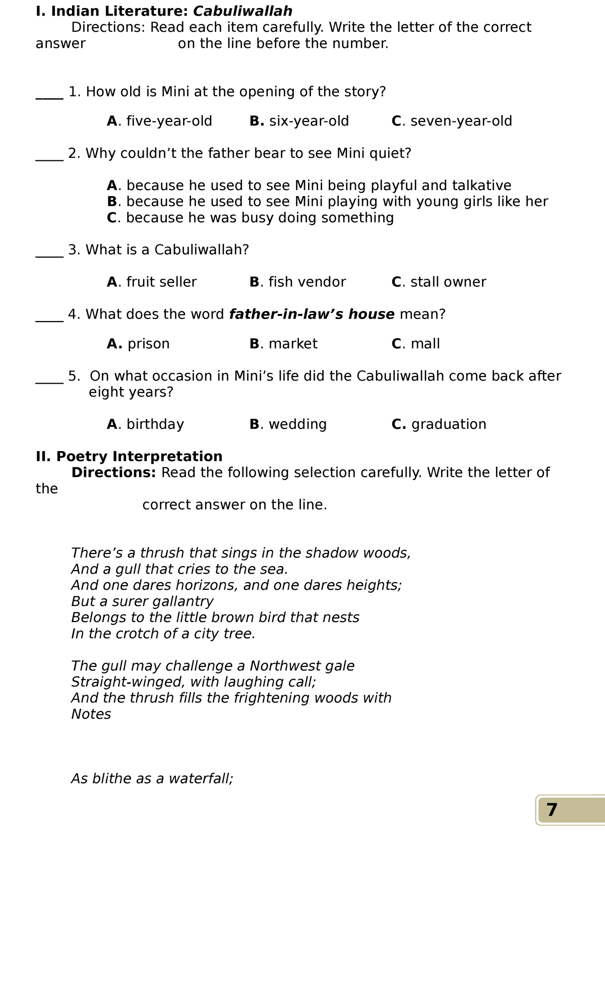 English 8 Fourth Quarter Exam - I. Indian Literature: Cabuliwallah ...