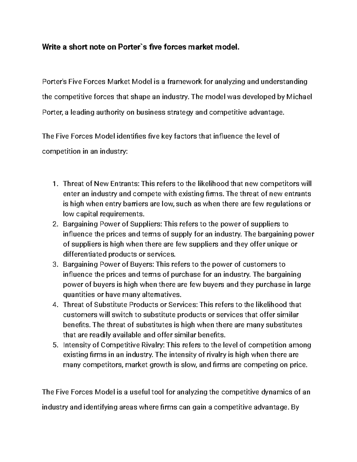 Write a short note on Porter`s five forces market model - Porter's Five ...