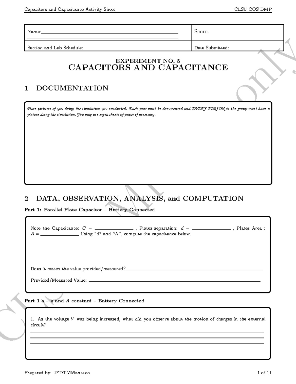 Capacitors AND Capacitance Activity Sheet - CLSU DMP Use only Name ...