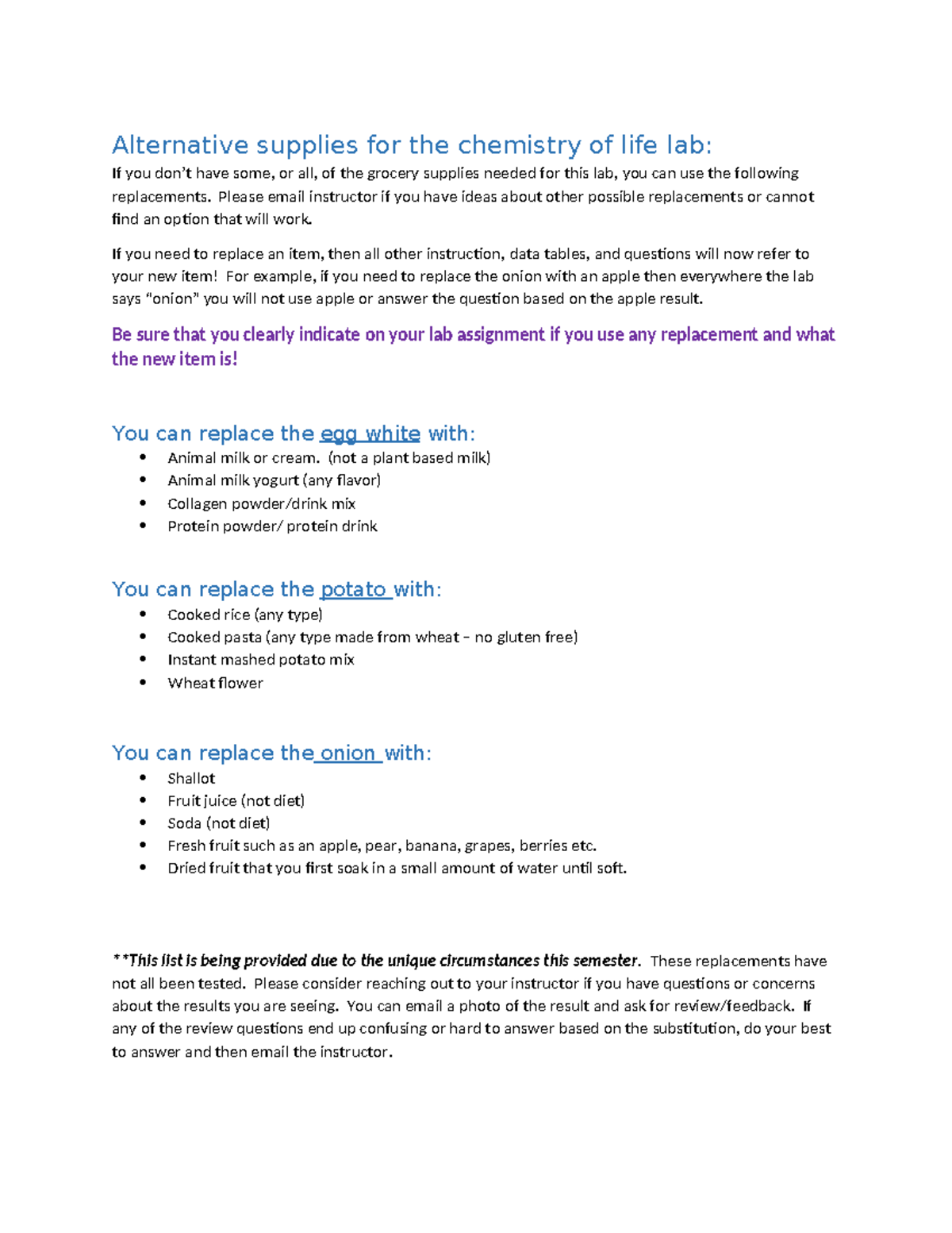Alternative supplies for the chemistry of life lab - Please email ...