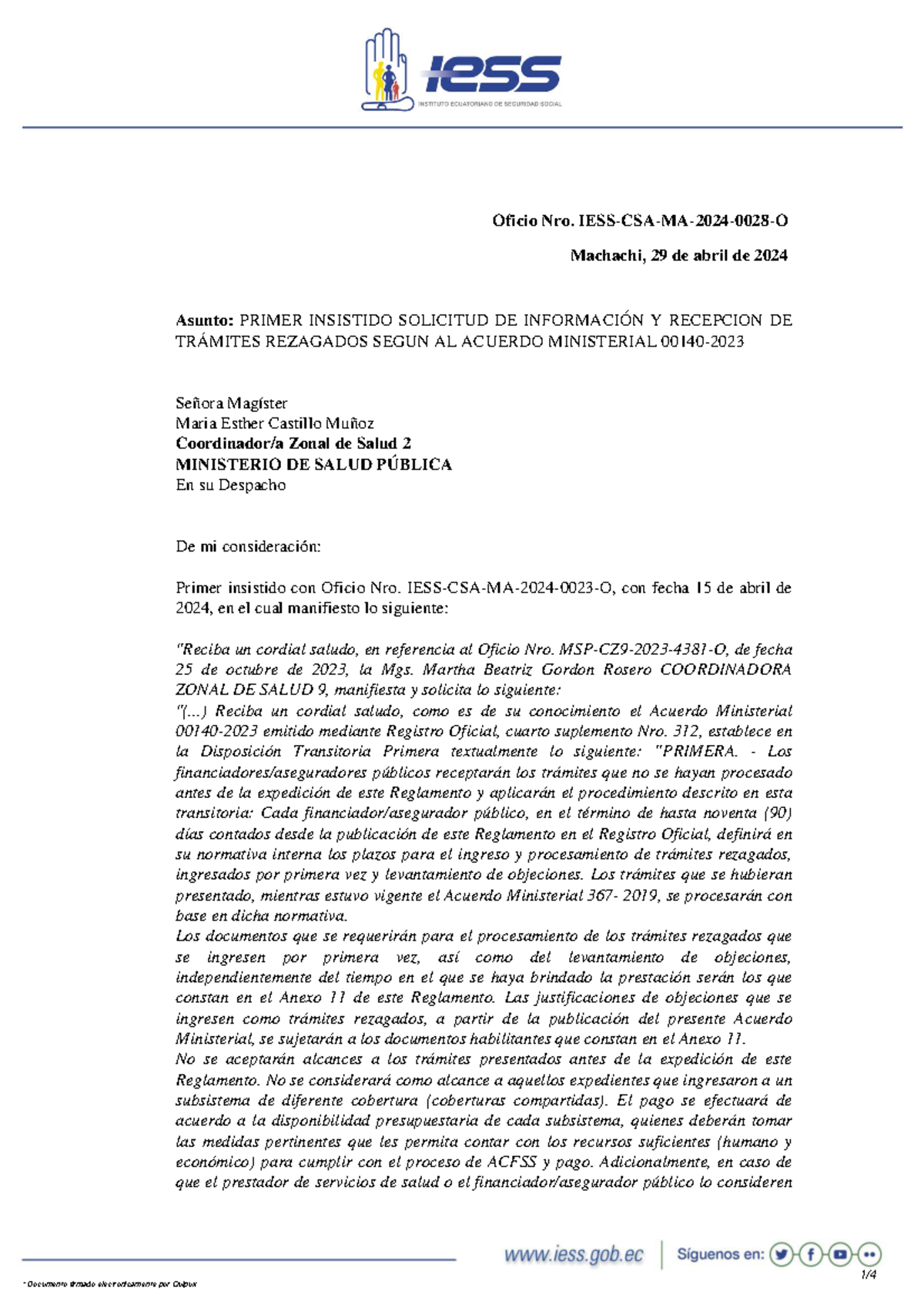 IESS-CSA-MA-2024-0028-O - Machachi, 29 de abril de 2024 Asunto: PRIMER ...
