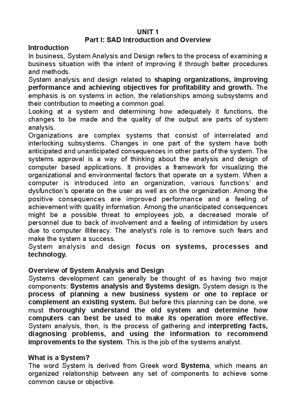 Unit 1 - Unit 1 notes. - UNIT 1 Part I: SAD Introduction and Overview ...