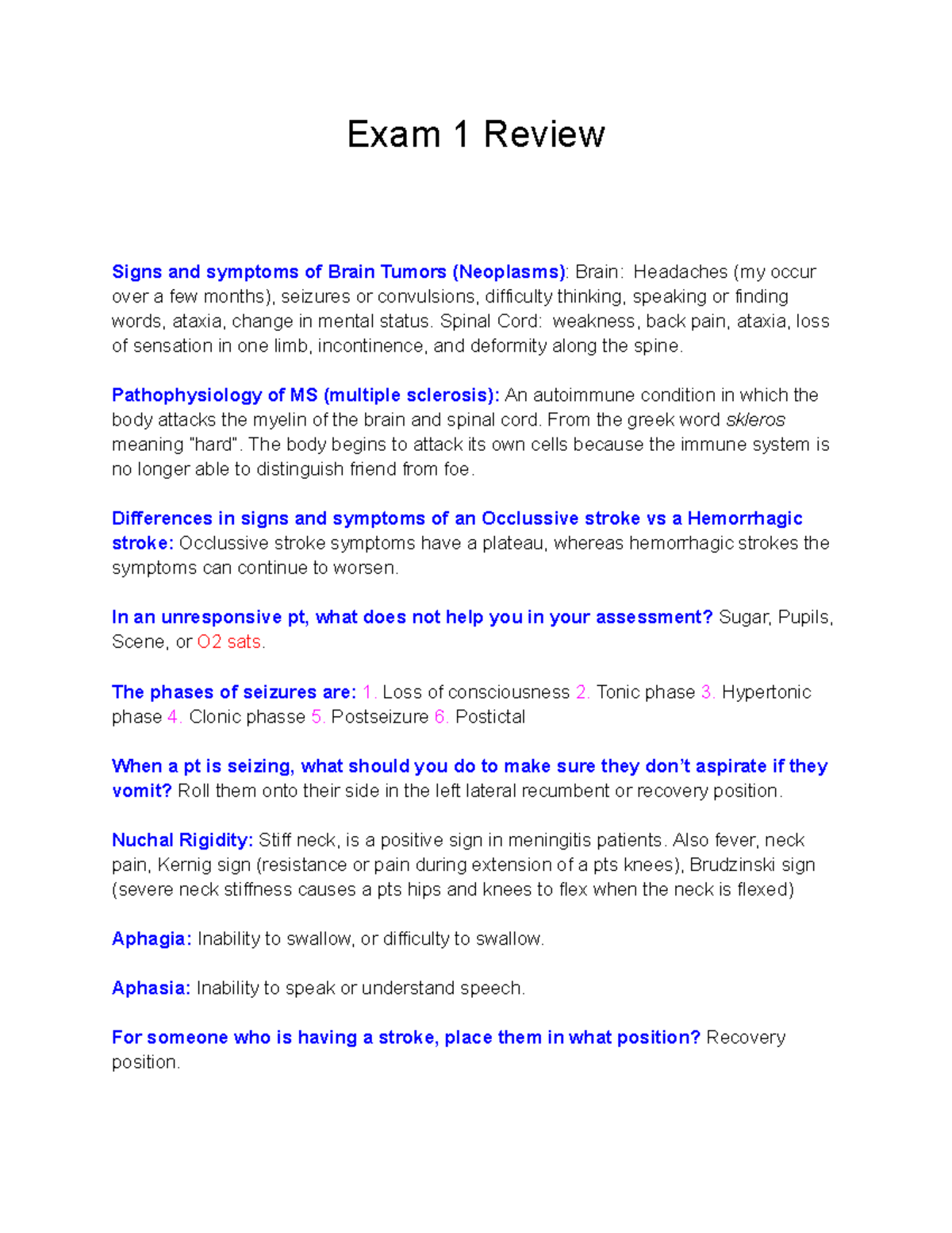 Exam 1 Review - Exam 1 Review Signs and symptoms of Brain Tumors ...