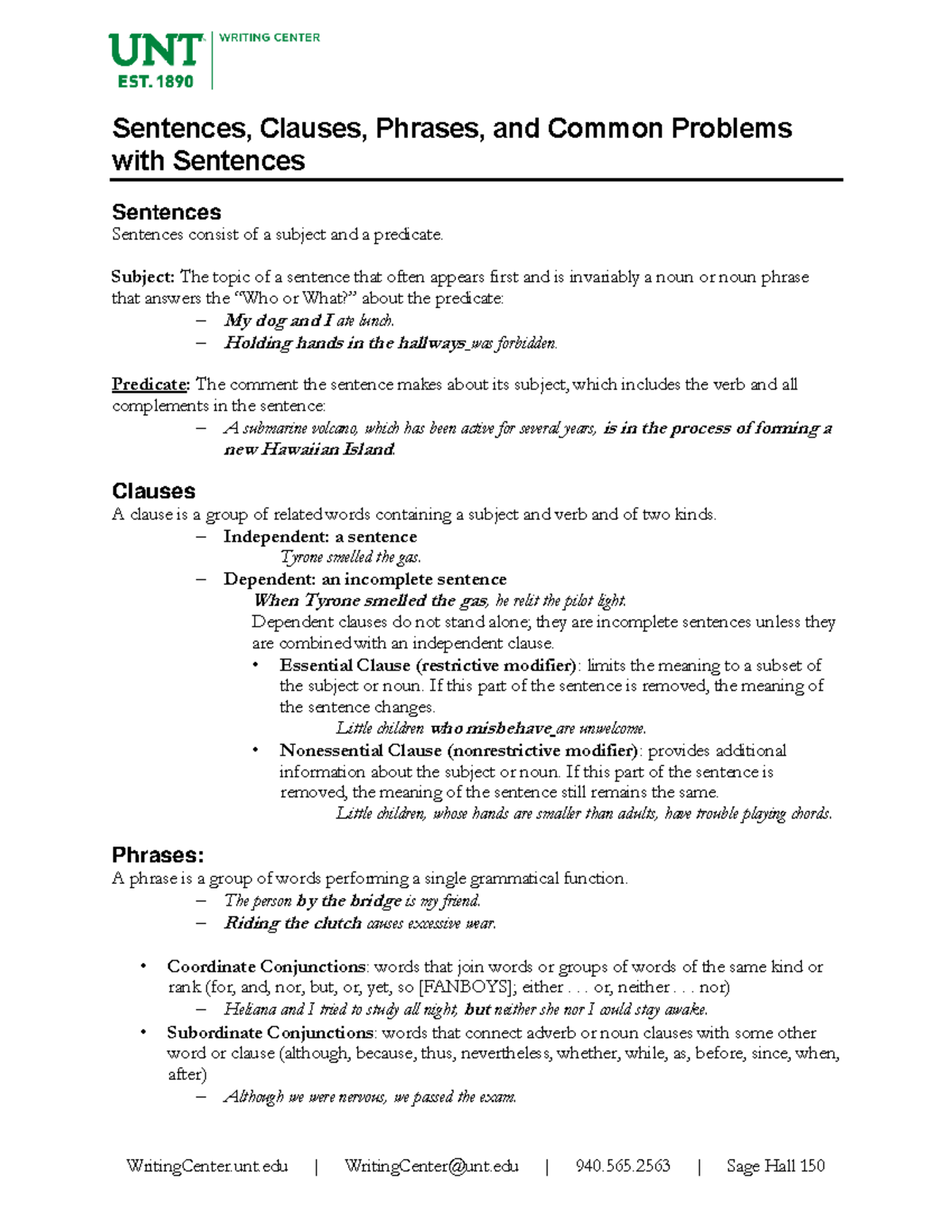 Common Sentence Errors Handout - Sentences, Clauses, Phrases, and ...