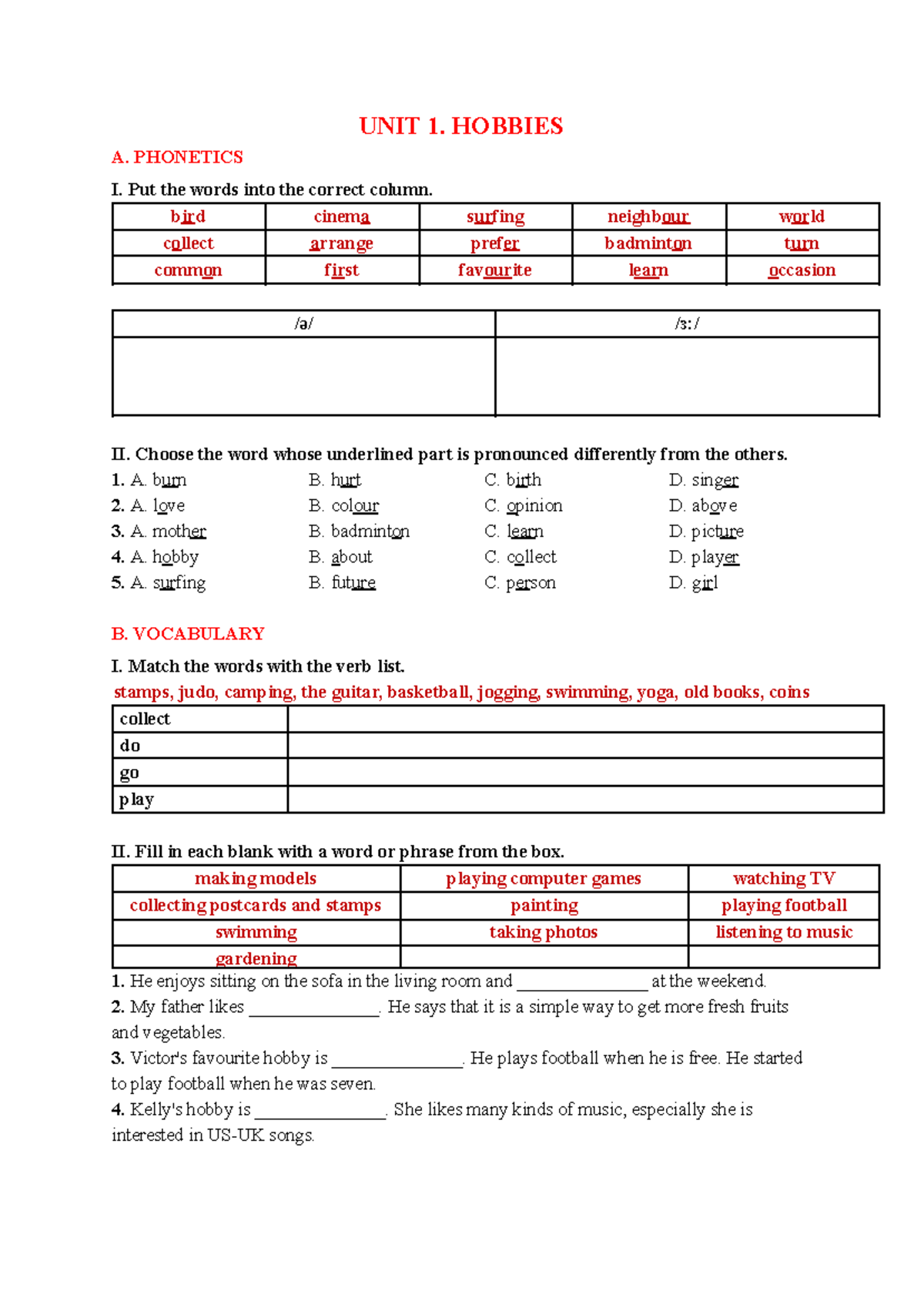 english pratice - UNIT 1. HOBBIES A. PHONETICS I. Put the words into ...