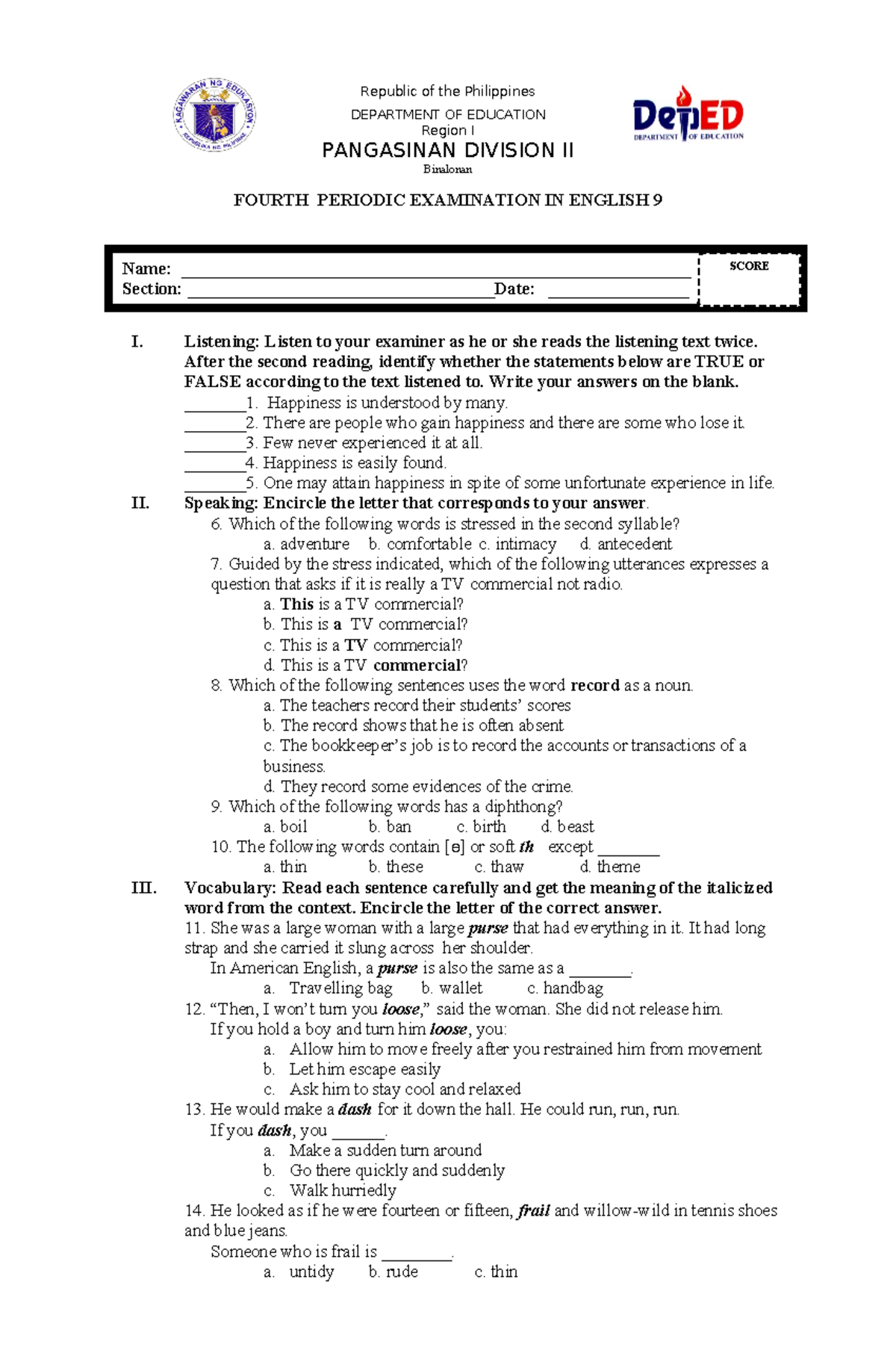 Grade 9 Fourth exam - Republic of the Philippines DEPARTMENT OF ...