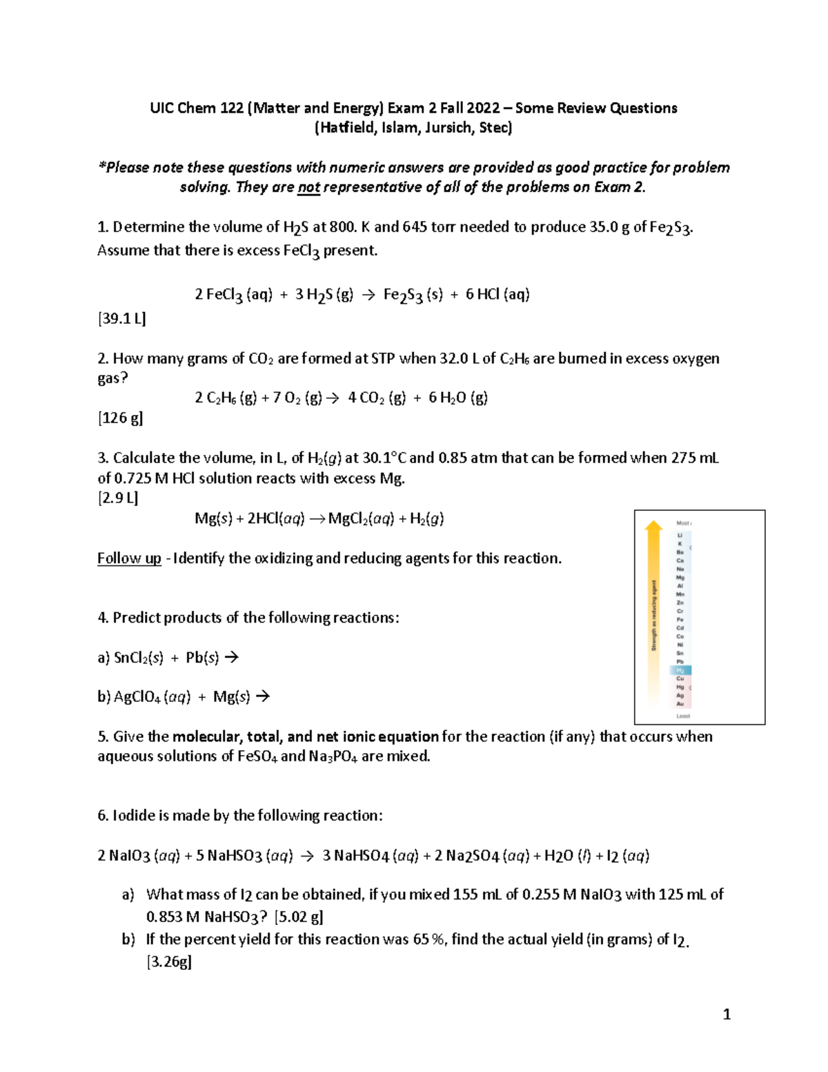 Exam 2 Review Questions With Answers 1 Uic Chem 122 Matter And Energy Exam 2 Fall 2022