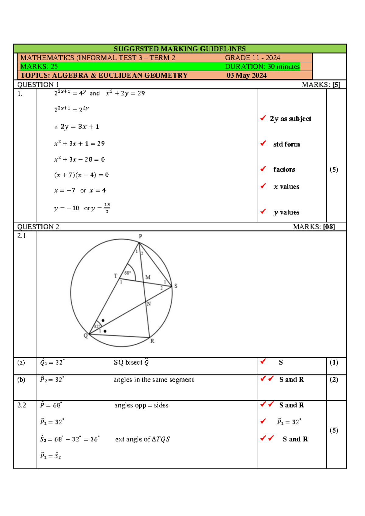 03 May MG TEST 3 MATH GR11 - 2024 - SUGGESTED MARKING GUIDELINES ...