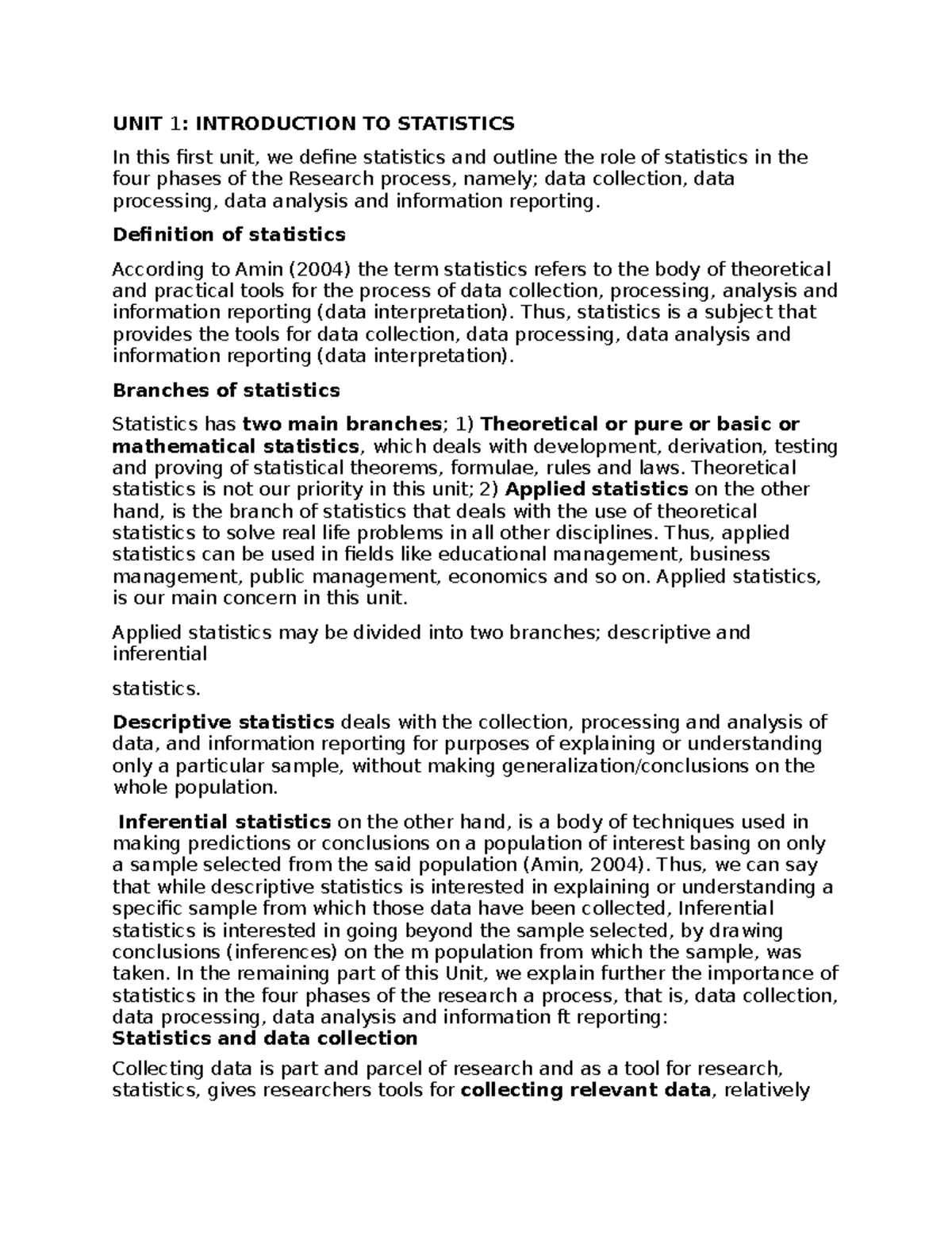 Statistics - summaries of Statistical research method - UNIT 1 : INTRODUCTION TO STATISTICS In ...