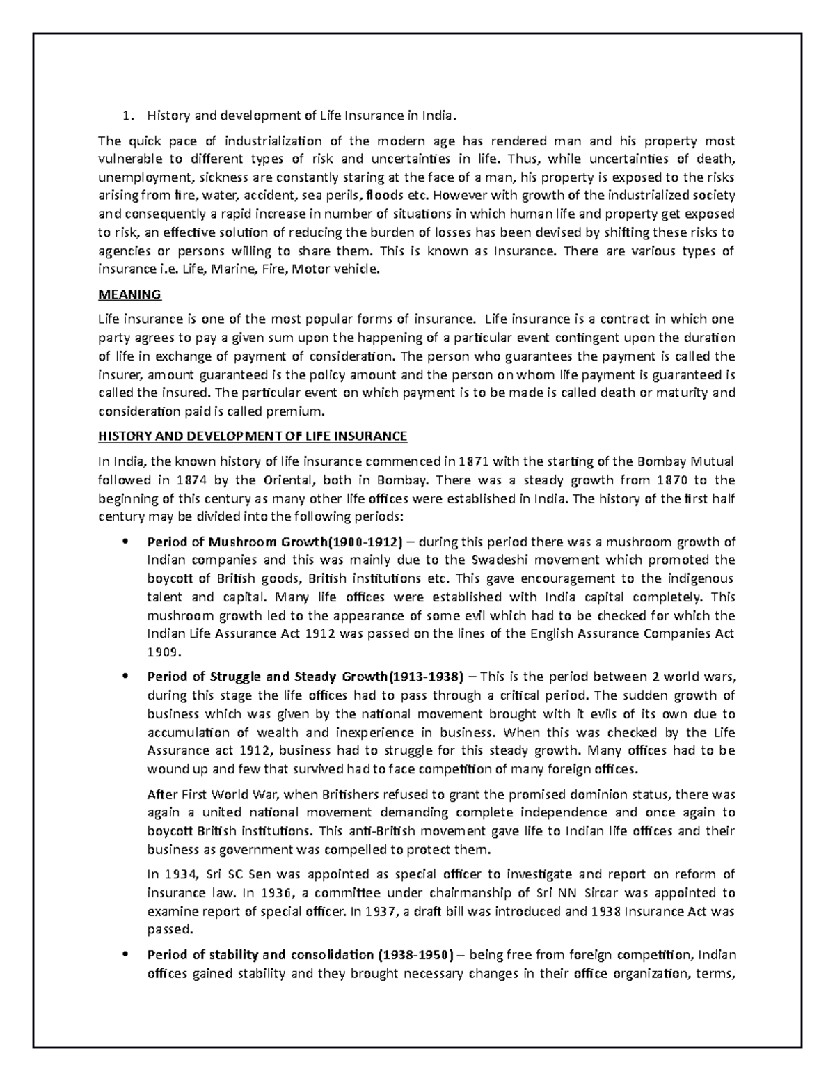 Insurance notes.. Important questions - History and development of Life ...