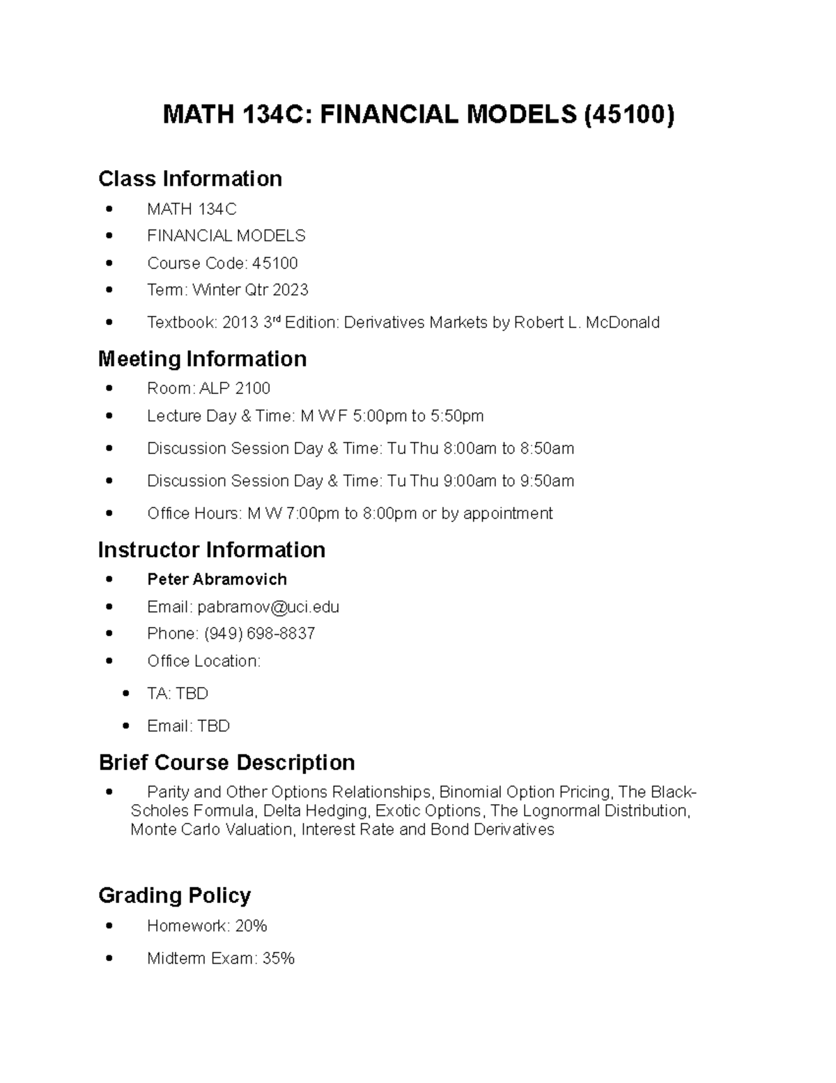 MATH 134C LEC - course syllabus - MATH 134C: FINANCIAL MODELS (45100 ...