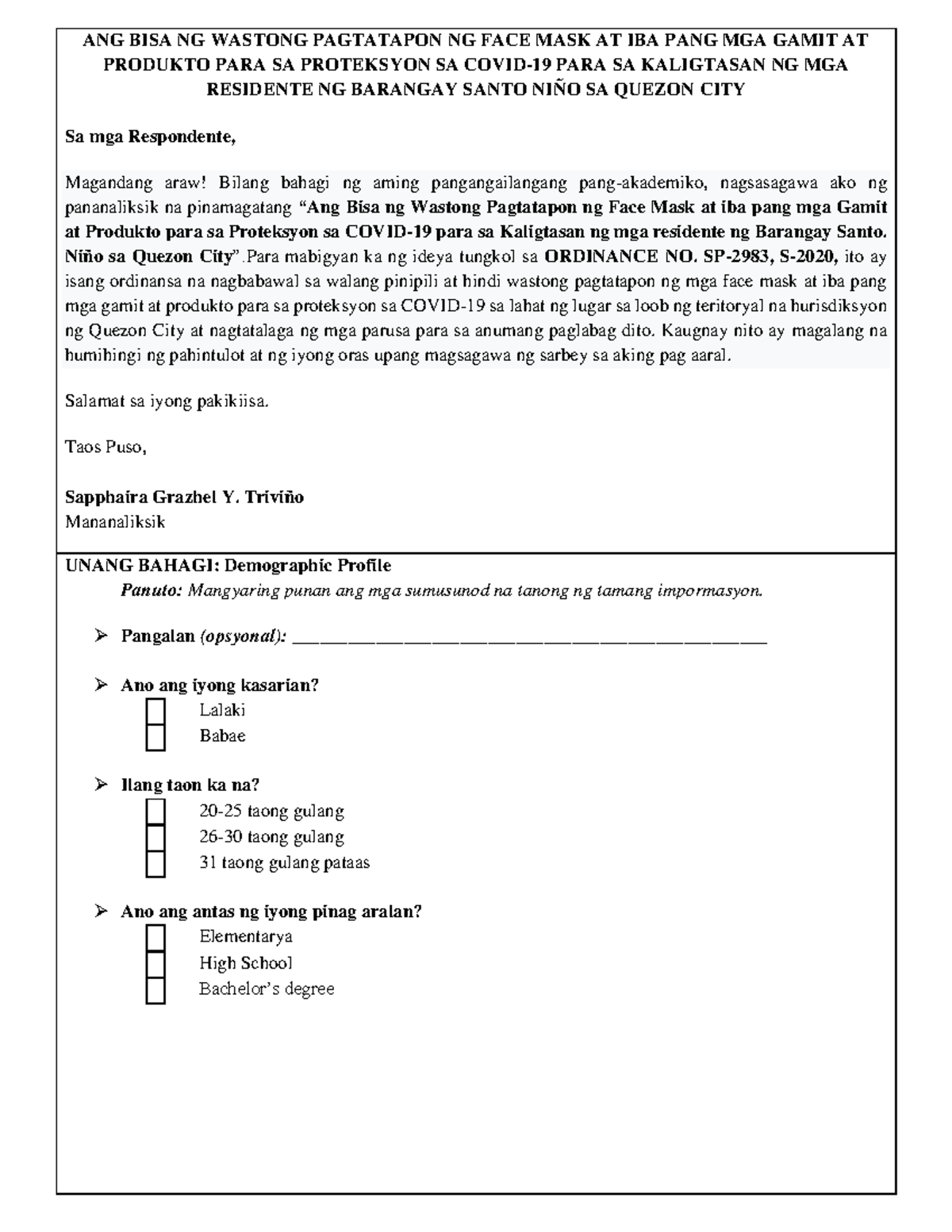 Survey- about the proper waste disposal - ANG BISA NG WASTONG ...