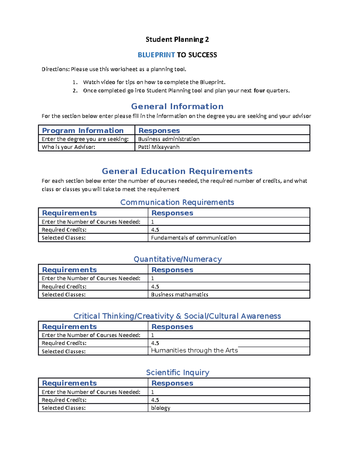 Student Planning 2 Blueprint TO Success Worksheet EXPL1000 Updated ...