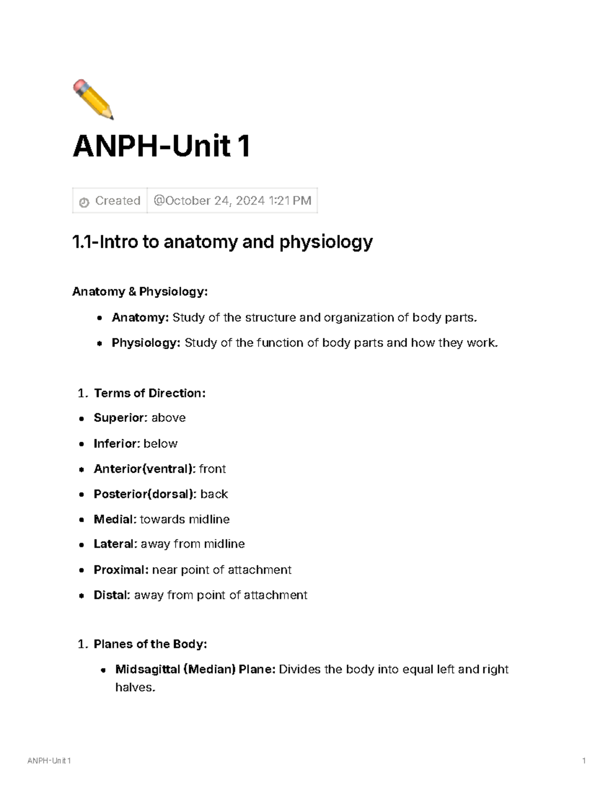 ANPH-Unit 1 - Unit 1 notes - ANPH-Unit 1 Created 1-Intro to anatomy and ...