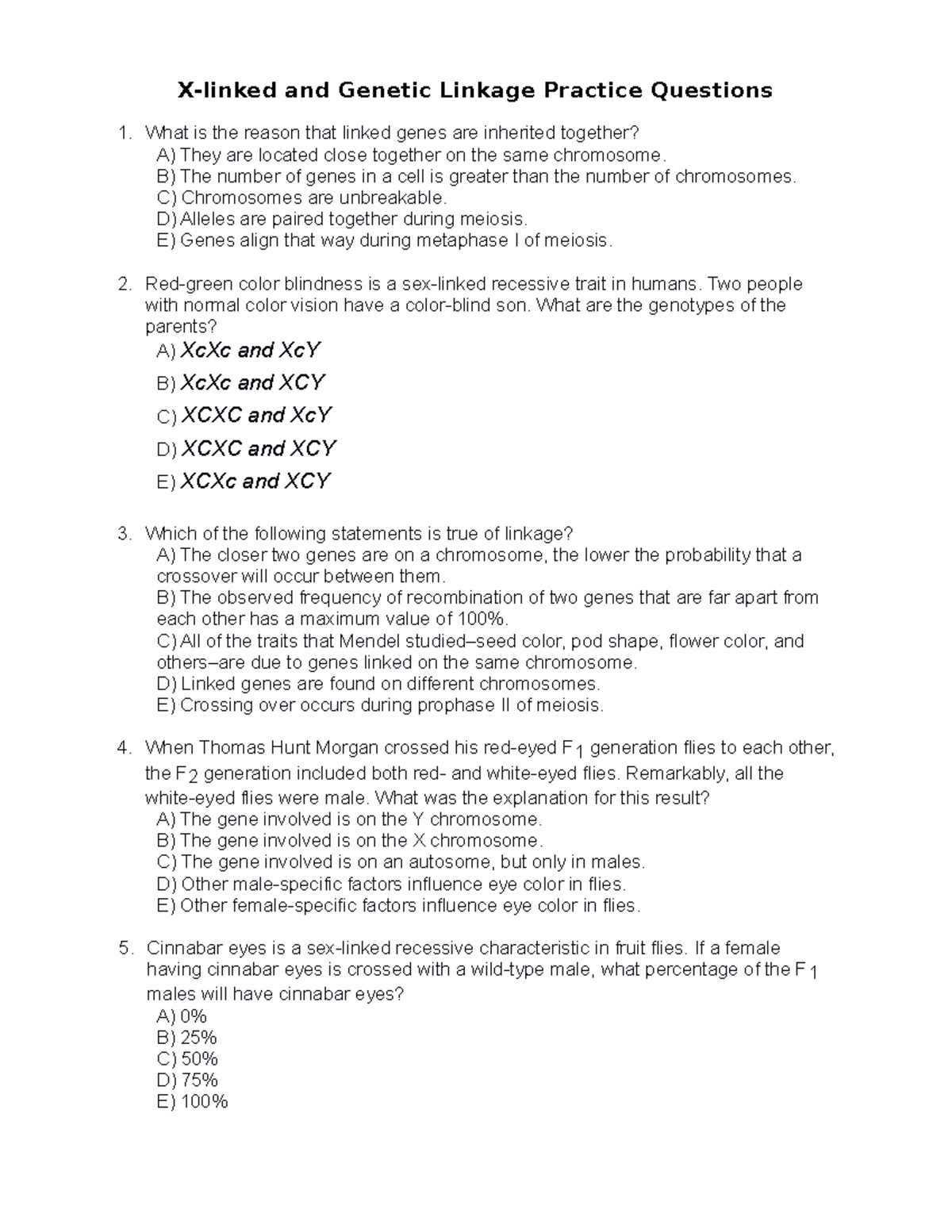 Extra X-linked Practice Questions 2020 - X-linked and Genetic Linkage Practice Questions What is ...