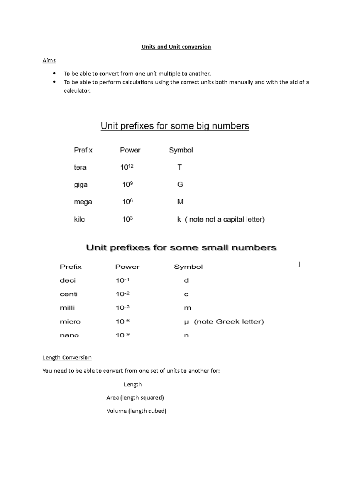 Length Area Volume Unit Conversion Lecture Notes - Units and Unit ...