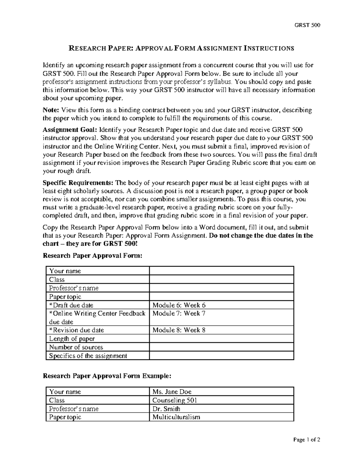Research Paper Approval Form Assignment Instructions - GRST 50 0 Page 1 ...
