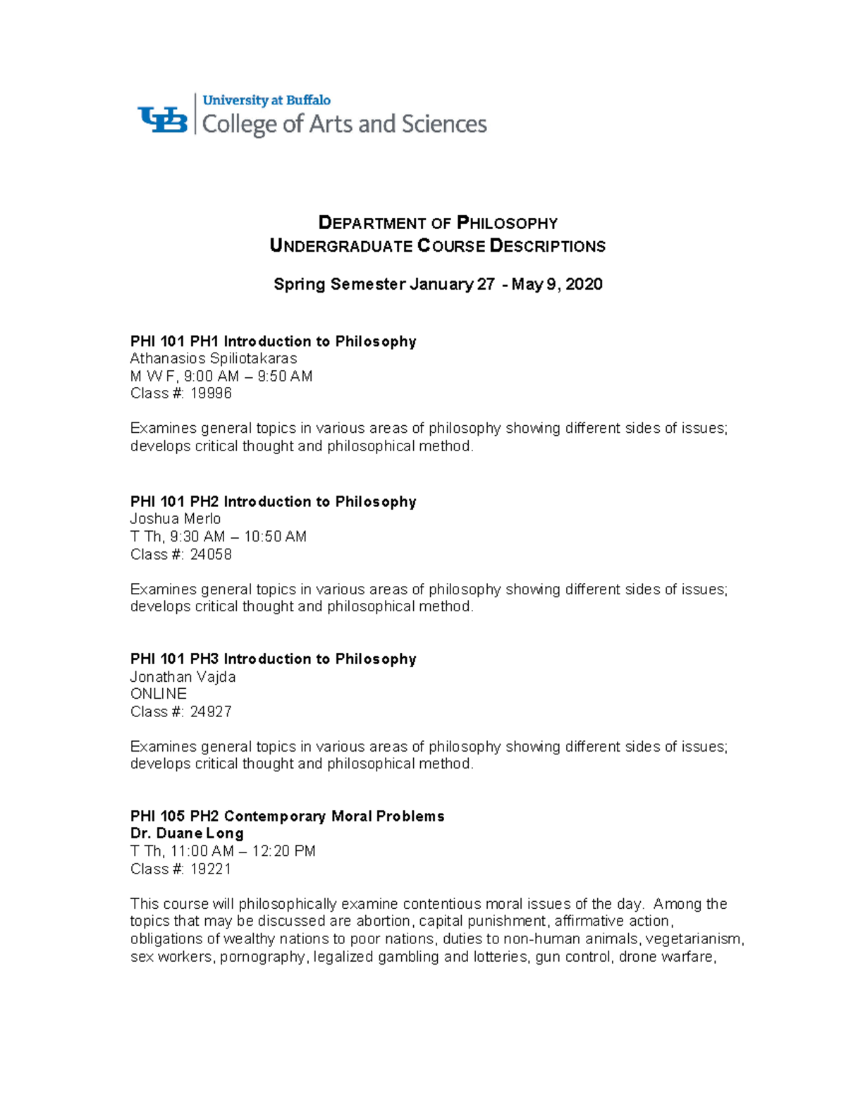 PHI Sprin 2020 UG Courses - DEPARTMENT OF PHILOSOPHY UNDERGRADUATE ...