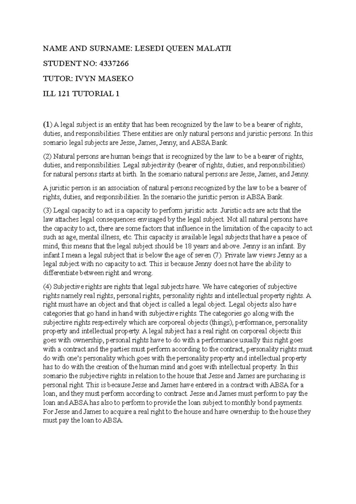 ILL Tutorial ONE - NAME AND SURNAME: LESEDI QUEEN MALATJI STUDENT NO ...