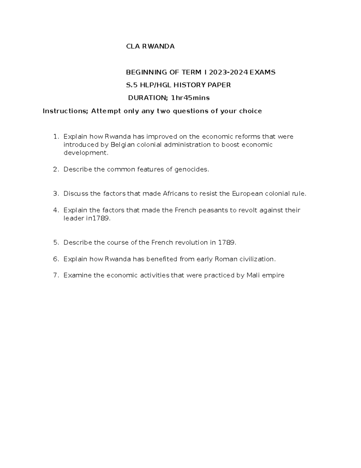 GO - history - CLA RWANDA BEGINNING OF TERM I 2023-2024 EXAMS S HLP/HGL ...