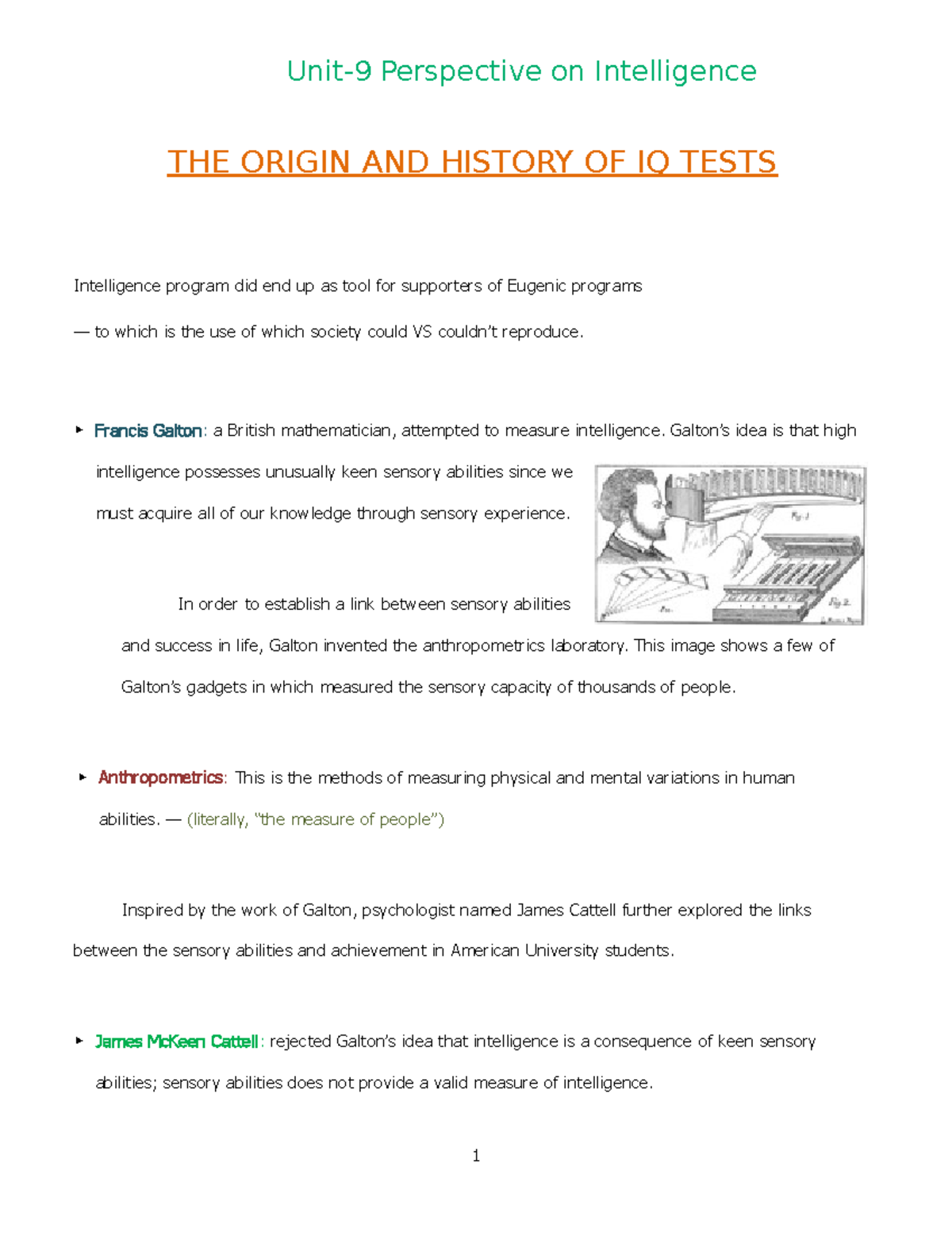 Unit 09 - Lecture notes 11-12 - 1 THE ORIGIN AND HISTORY OF IQ TESTS ...
