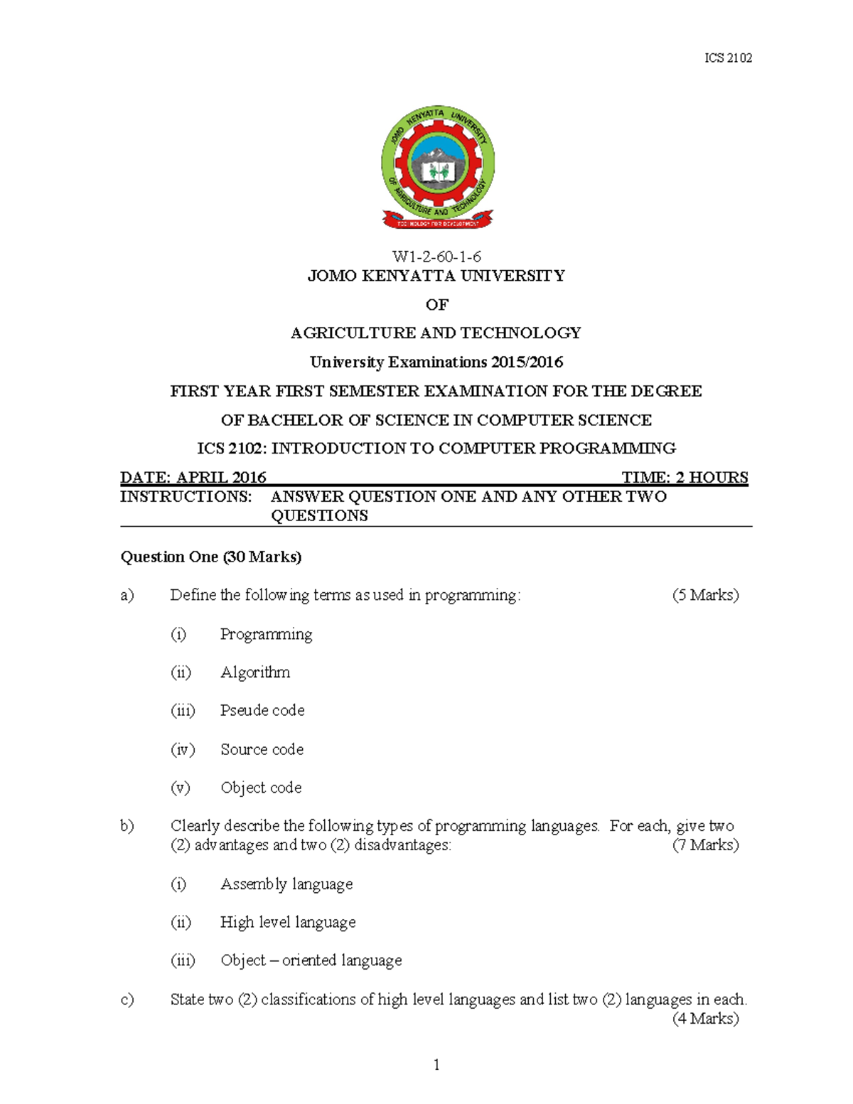 ICS 2102 Introduction TO Computer Programming - ICS 2102 W1-2-60-1- JOMO KENYATTA UNIVERSITY OF ...
