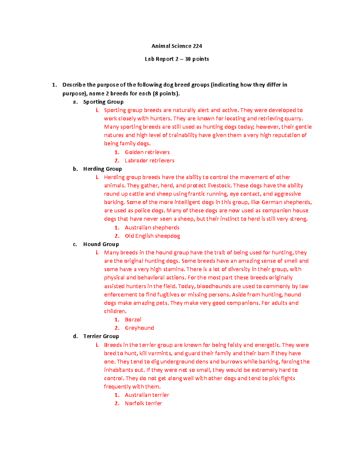 Lab Report 2 ans 224 - LAB KEY - Animal Science 224 Lab Report 2 – 30 ...