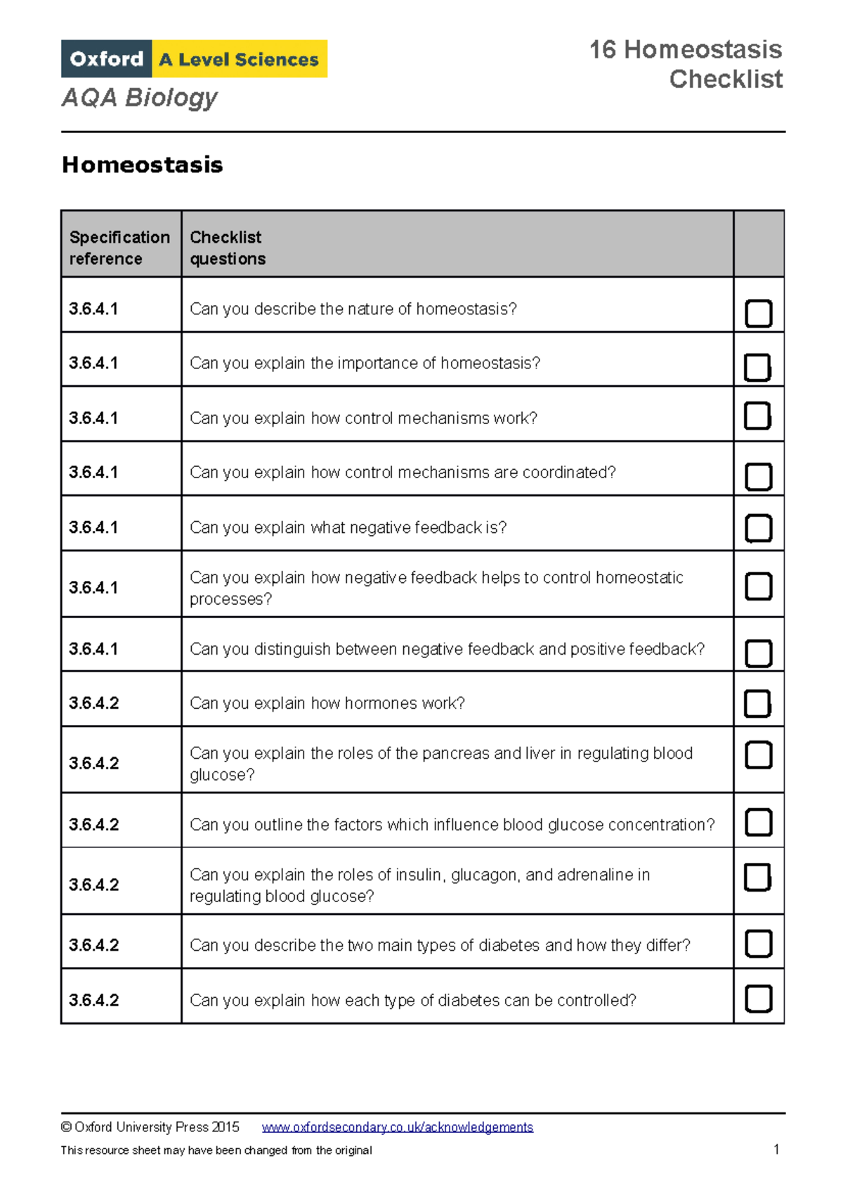 16 Homeostasis checklist - AQA Biology Homeostasis Specification ...