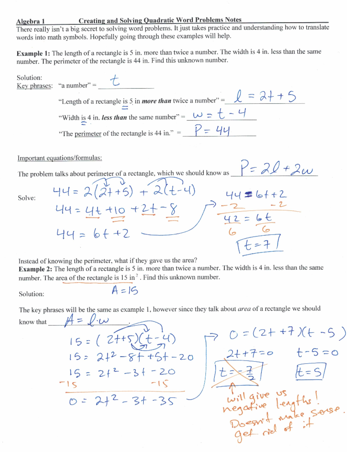 04-05-17. Quadratic Word Problem Notes Completed - Studocu