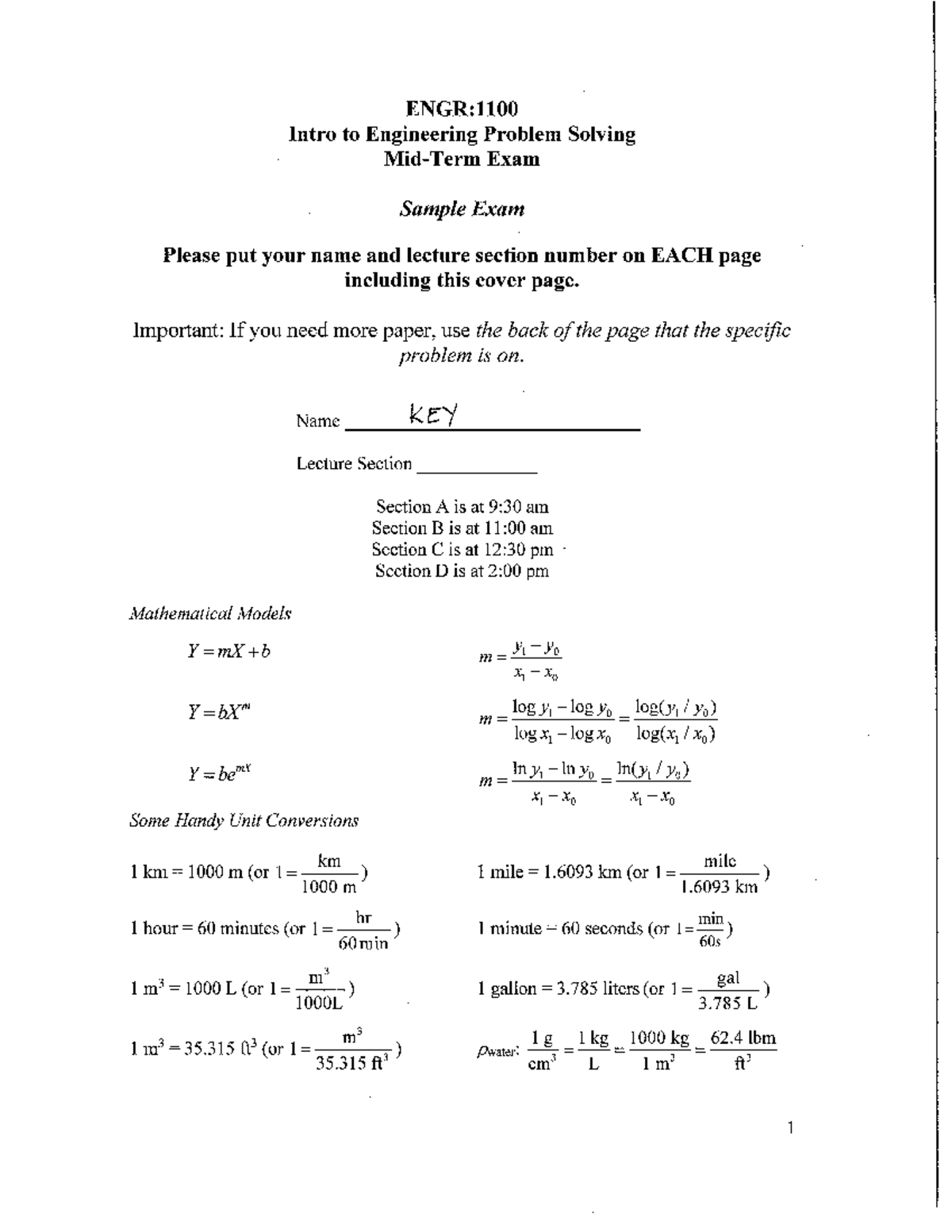 IEPS Exam sample soln - ENGR: 1100 Intro to Engineering Problem Solving Exam Sample Exam Please ...