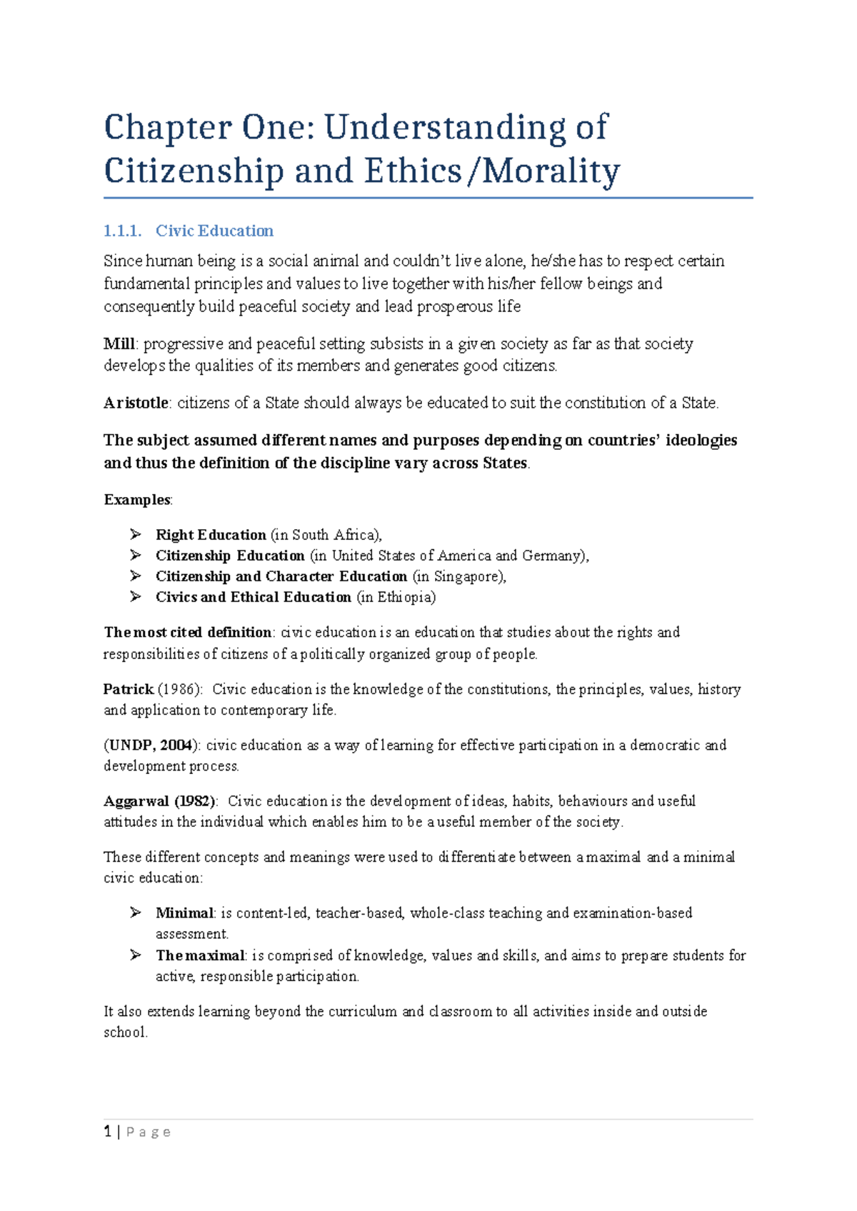 Chapter One note of civics - Chapter One: Understanding of Citizenship ...