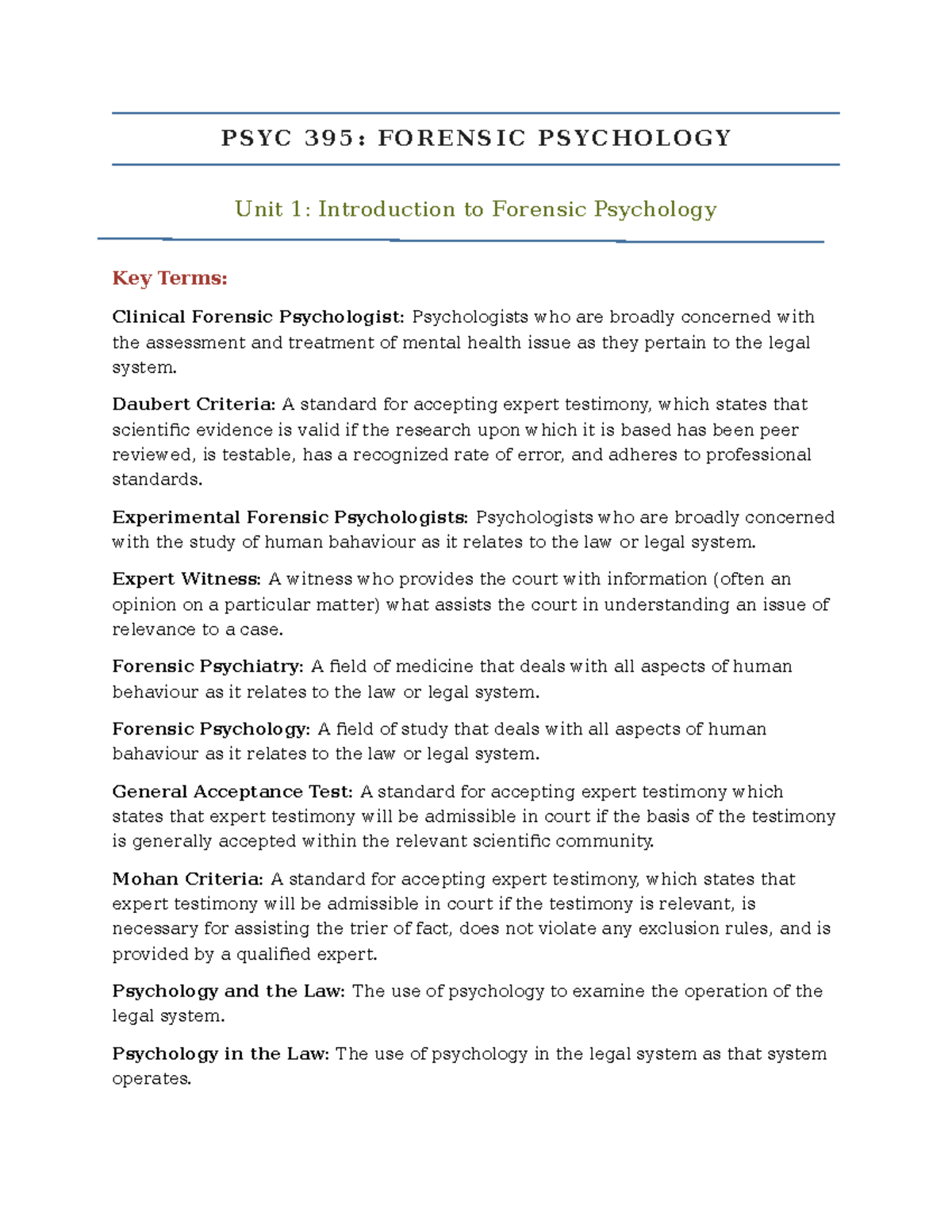 PSYC 395 - Unit 1 Notes - PSYC 395: FORENSIC PSYCHOLOGY Unit 1 ...