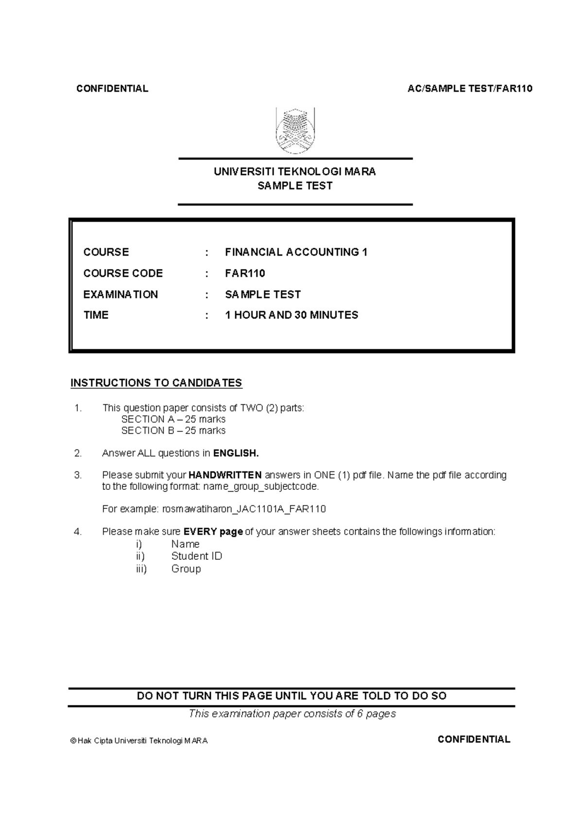 PYT FAR110 - FAR - CONFIDENTIAL AC/SAMPLE TEST/FAR UNIVERSITI TEKNOLOGI ...
