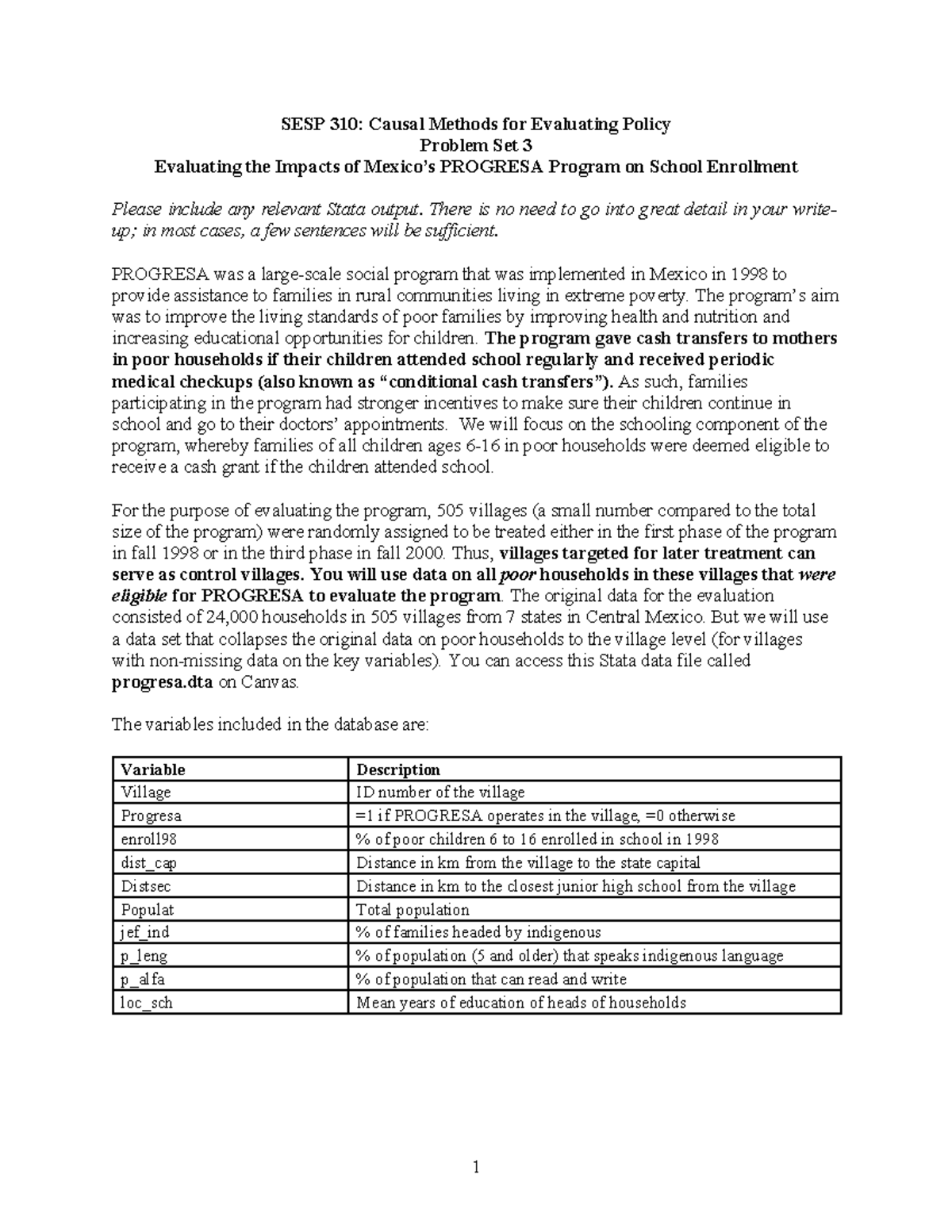 Ps3 Problem Set 3 With Stata Sesp 310 Causal Methods For Evaluating Policy Problem Set 3