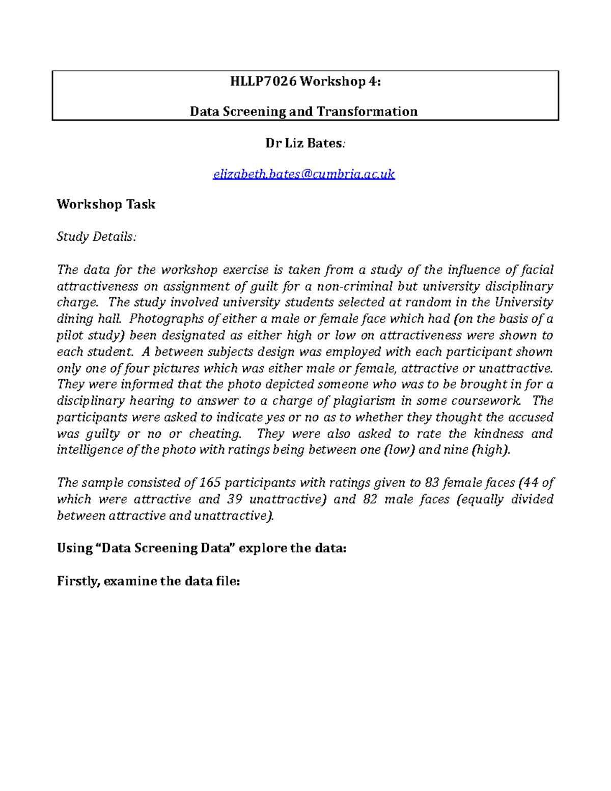 Data screening workshop - HLLP7026 Workshop 4: Data Screening and ...