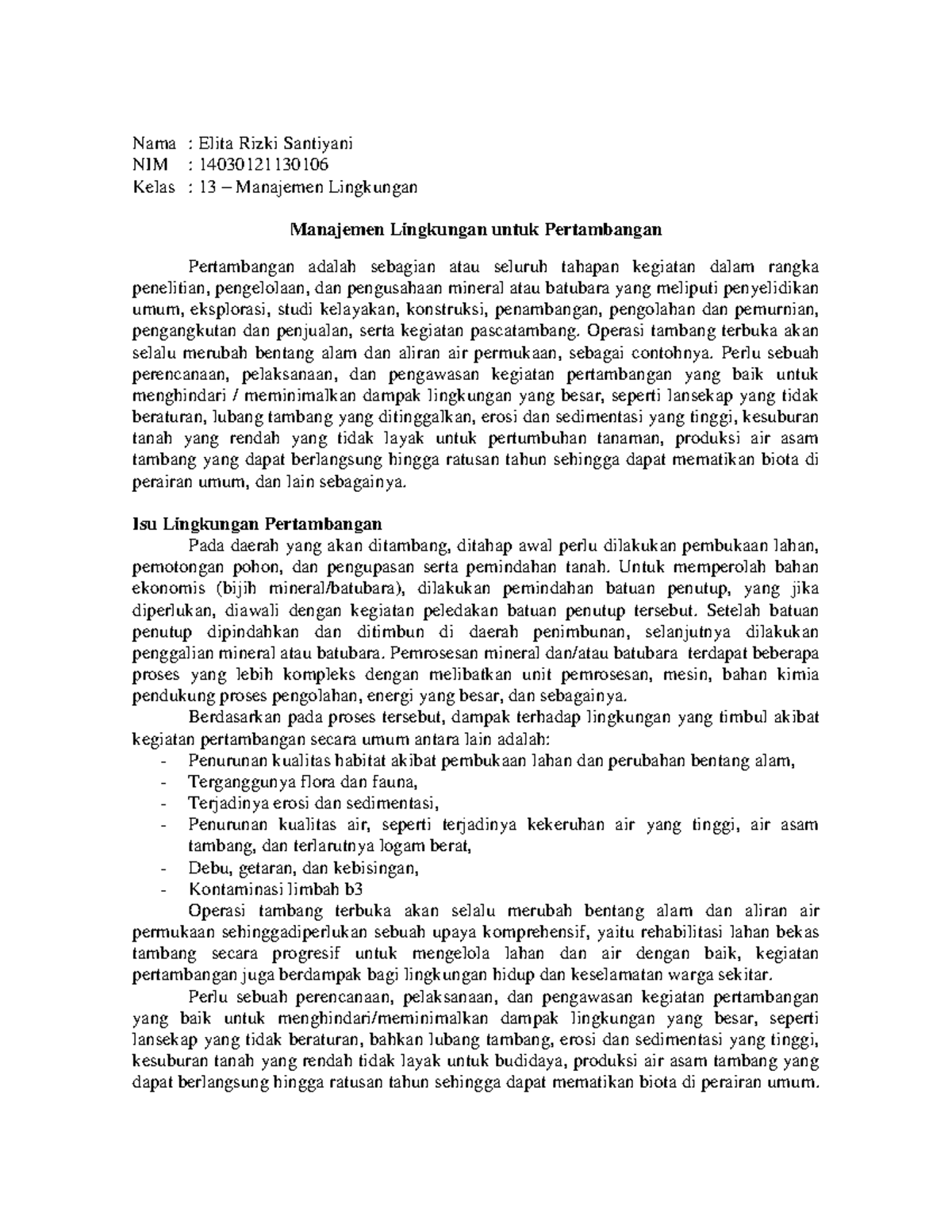 Manling Pertambangan - Manajemen lingkungan - Nama : Elita Rizki ...