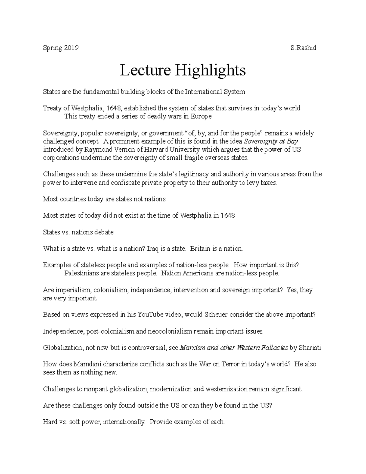 105Lecturehighlights S 19S Reading 1 - Spring 2019 S Lecture Highlights ...