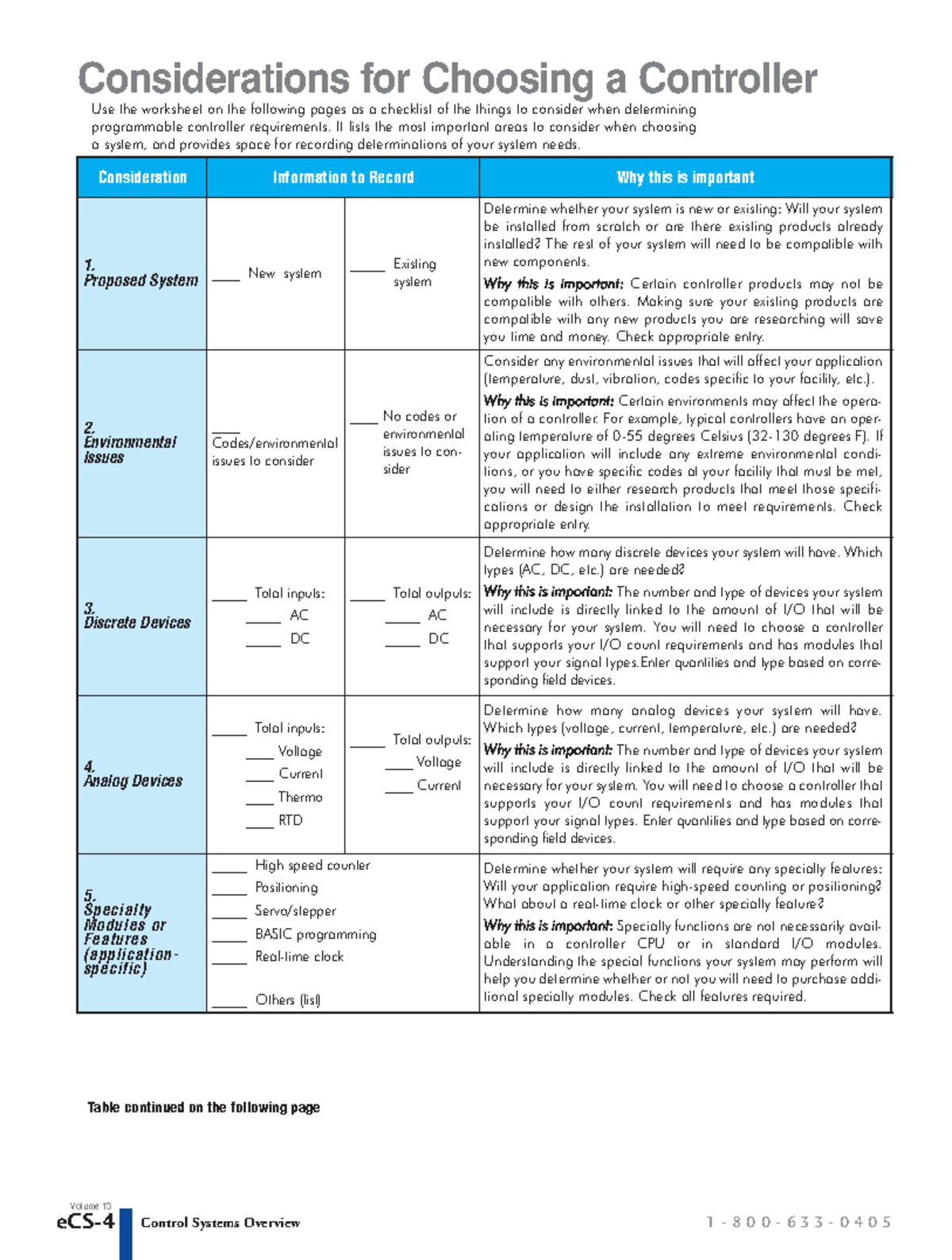 Plc selection criteria - eCS-4 Control Systems Overview 1-800-633 ...