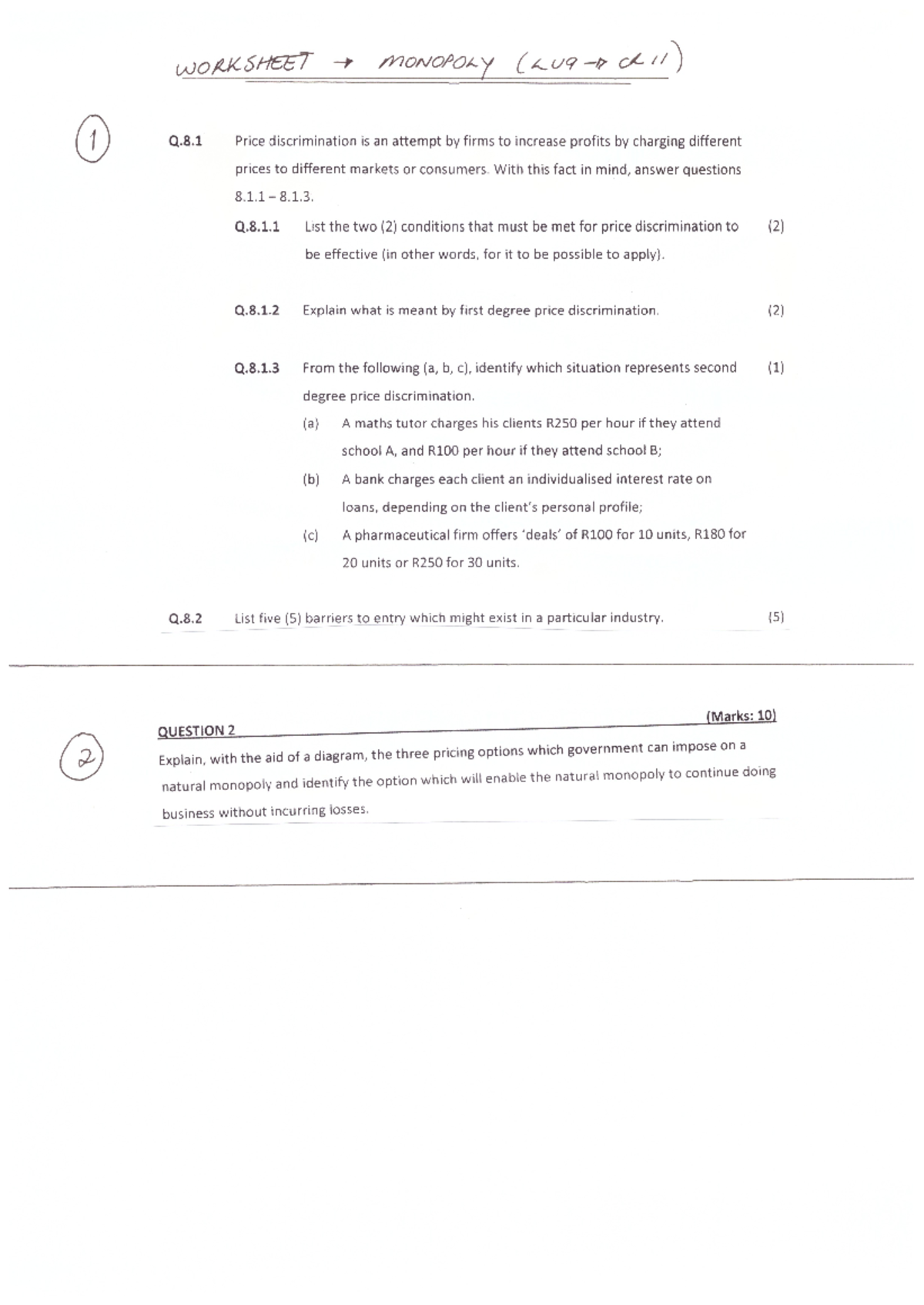 LU9 - Market Structure 2 Monopoly and Imperfect Competition Worksheet ...