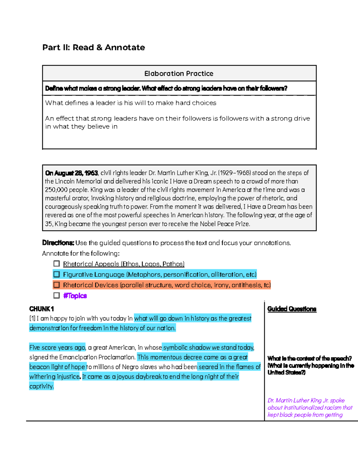 Joshua of Part II Read & Annotate - Part II: Read & Annotate Elaboration Practice Define what ...