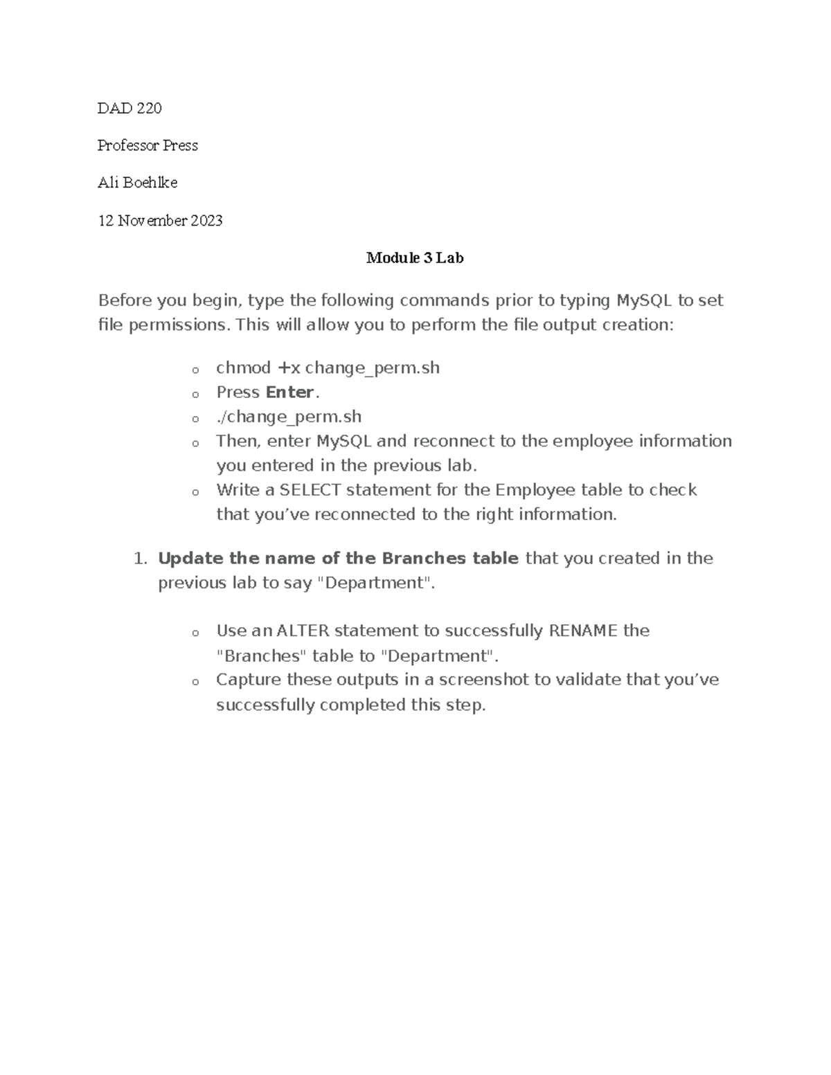 DAD-220 LAB 3 - LAB 3 - DAD 220 Professor Press Ali Boehlke 12 November ...