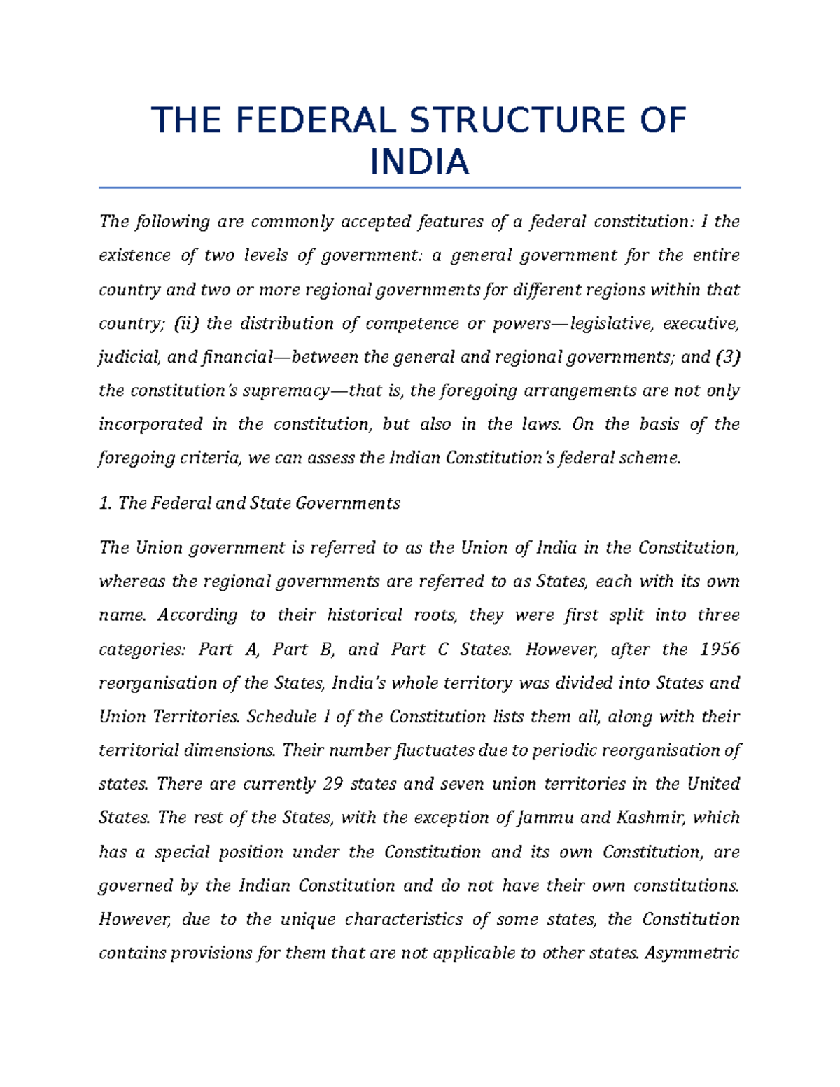 THE Federal Structure OF India - THE FEDERAL STRUCTURE OF INDIA The ...