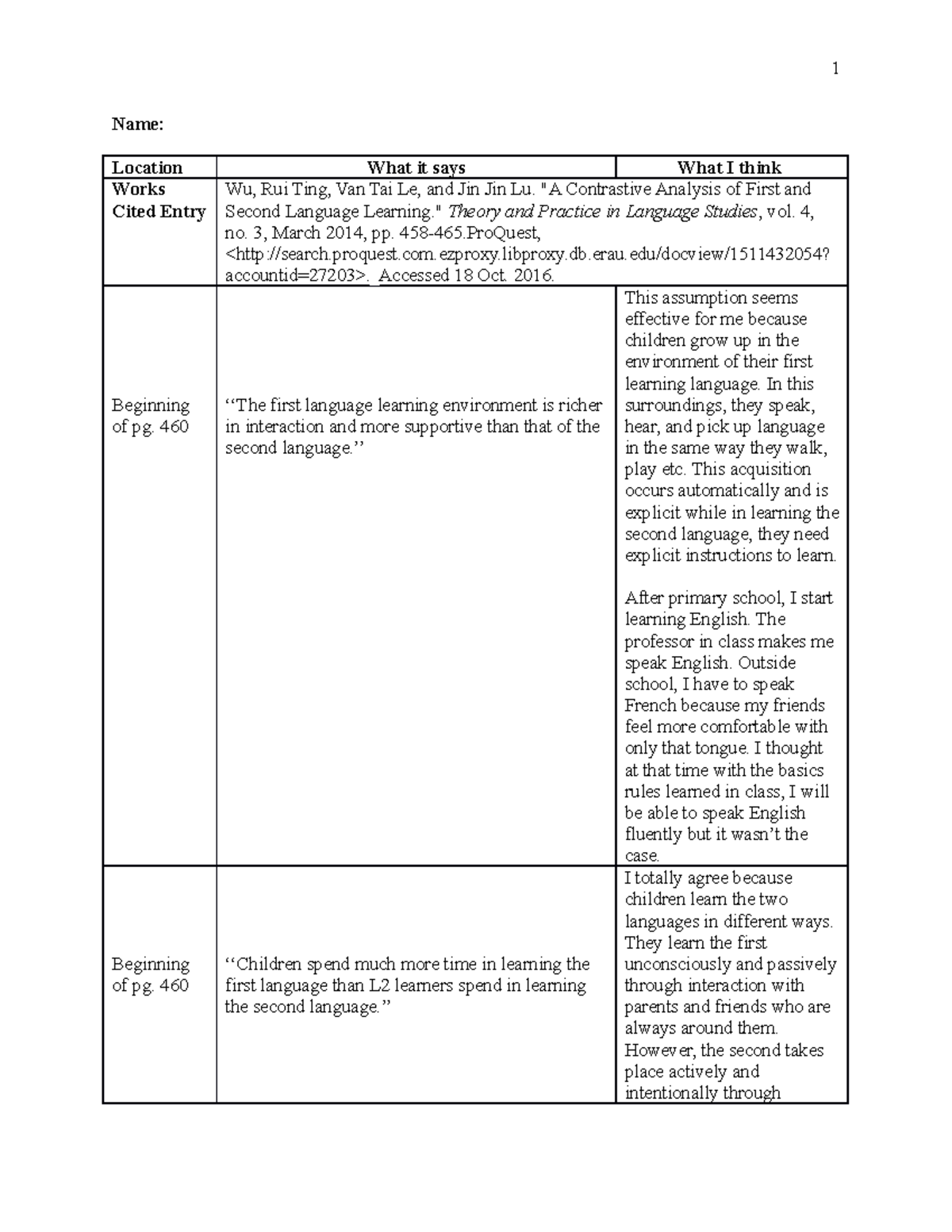 Double-Entry Notes Table MWA#2 - Name: Location What it says What I ...