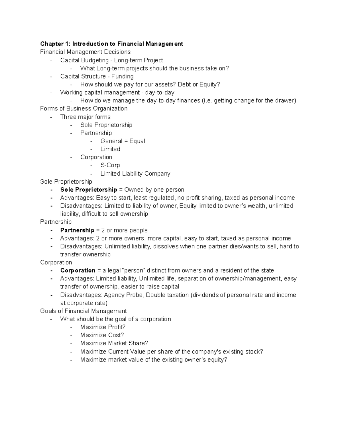 Exam 1 - Business Finance - Chapter 1: Introduction to Financial ...