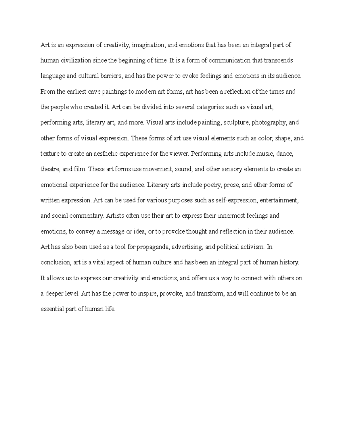 Art - this is an assignment on the important of art and their ...