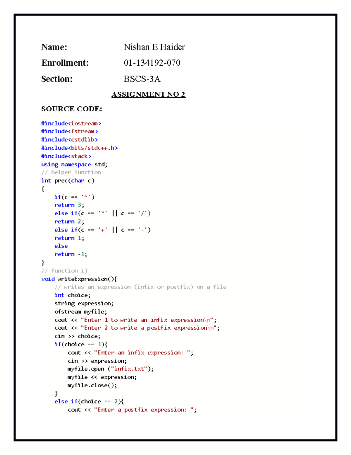 A2 - Assignments - Name: Nishan E Haider Enrollment: 01-134192- Section ...