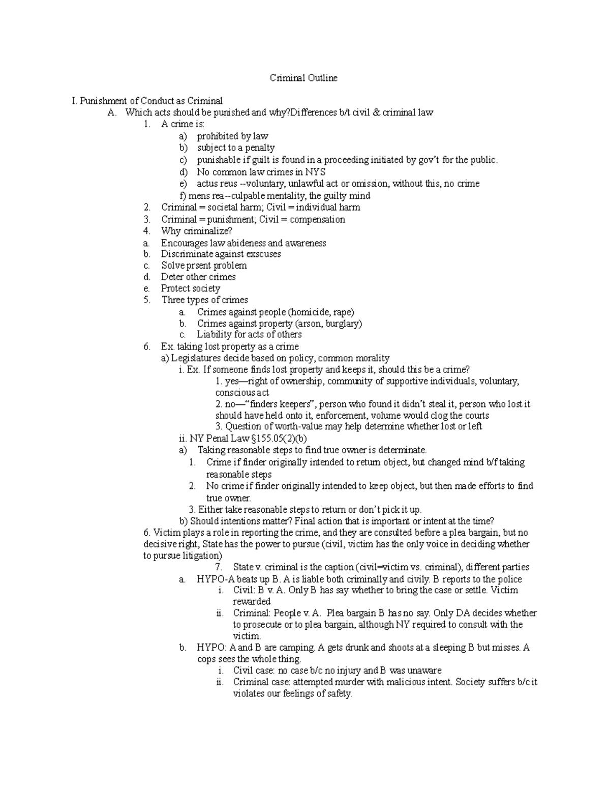 Criminal Law - Prof. Wallace 2 - Criminal Outline I. Punishment of ...