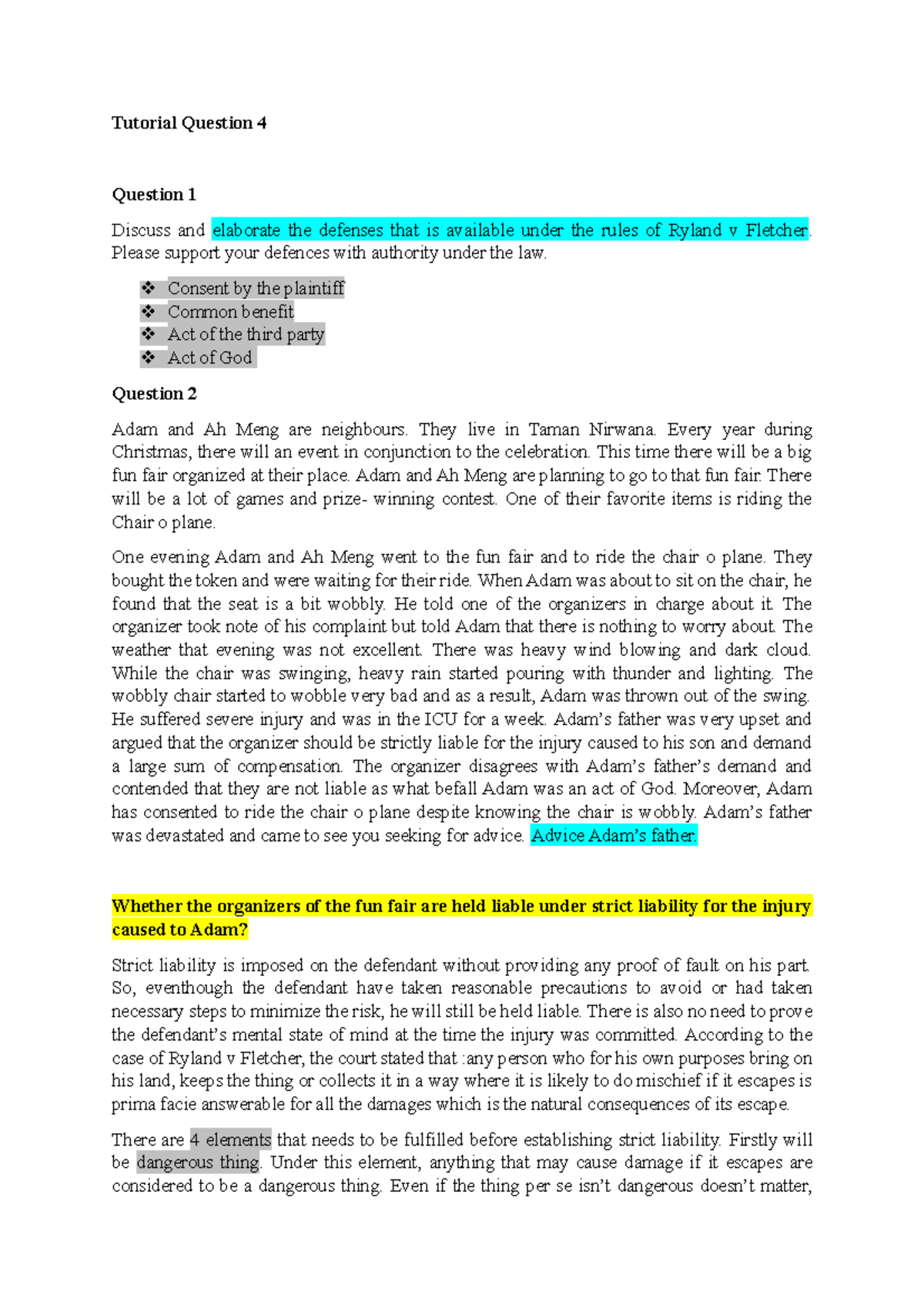 Torts II tuto 4 - Tutorial Question 4 Question 1 Discuss and elaborate ...