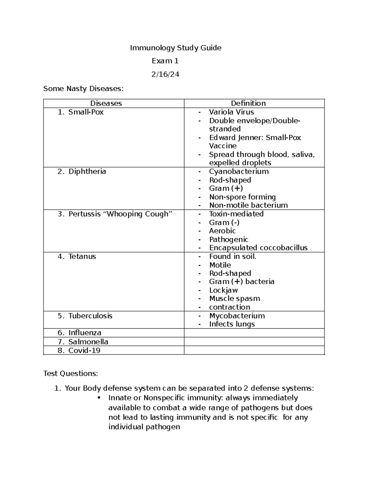 Immunology Study Guide - Immunology Study Guide Exam 1 2/16/ Some Nasty ...