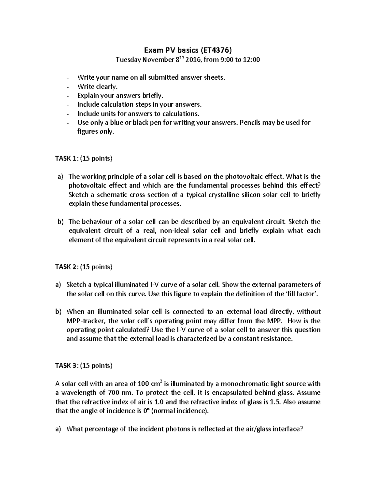 Exam PV basics Tuesday November 8th 2016 with answers - Exam PV basics ...